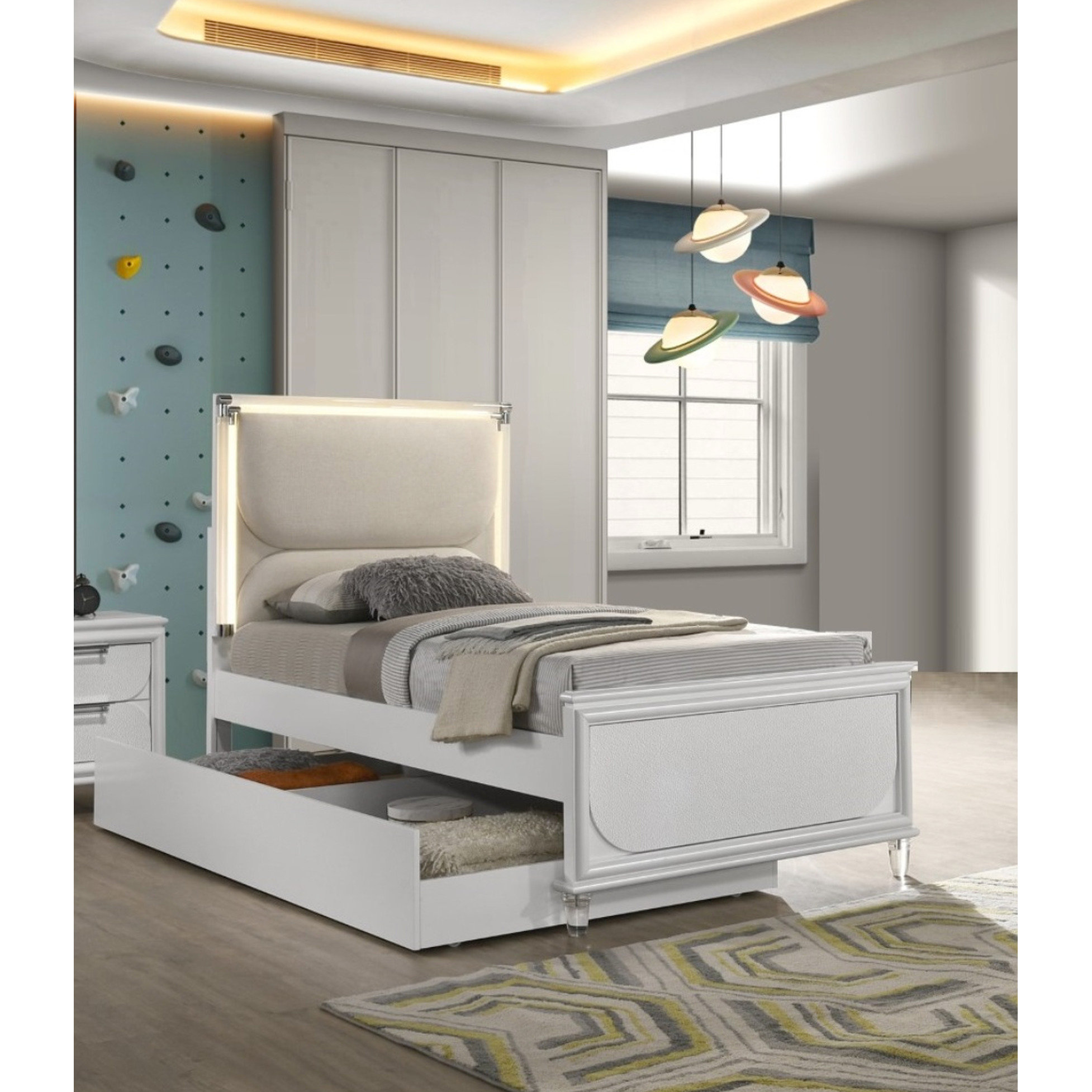 Brayden Studio Contemporary Pearl White Upholstered Twin Size Bed With ...