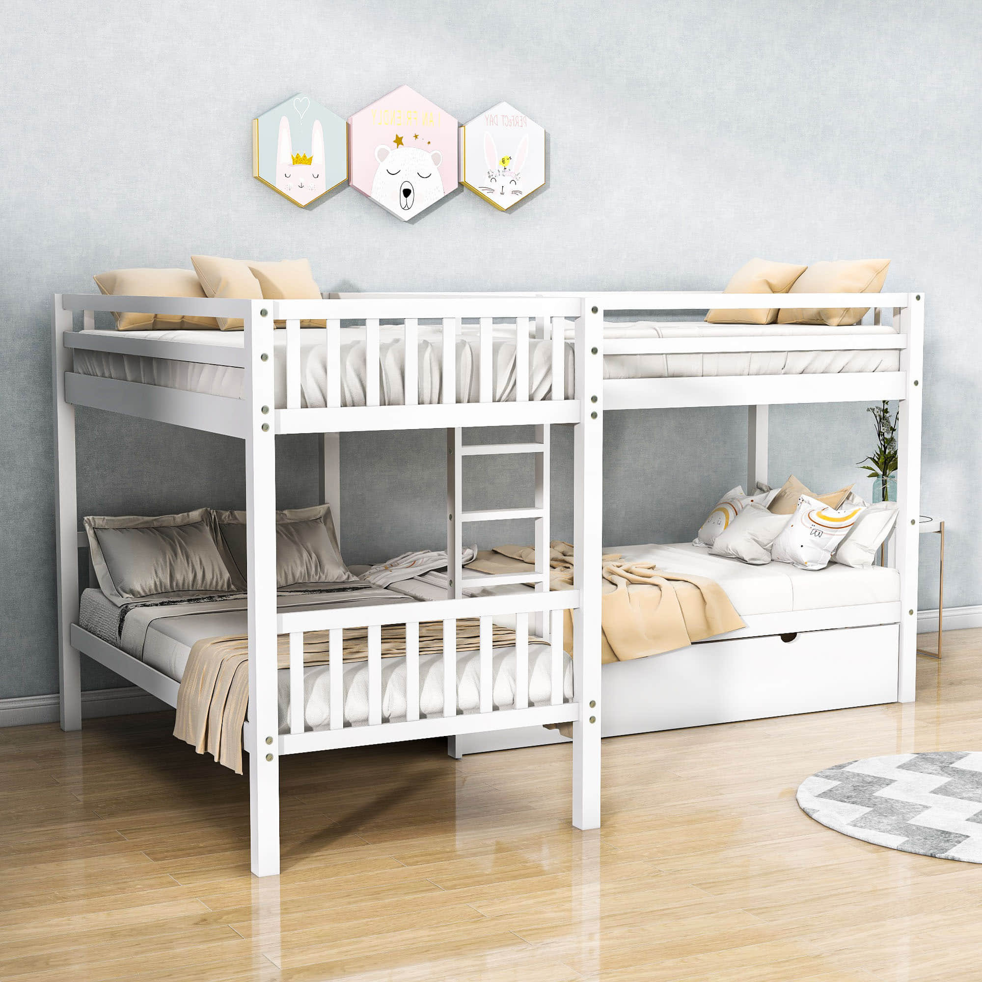 Harriet Bee Twin Over Twin Wooden L-Shaped Bunk Beds, Quad Bed Frame ...