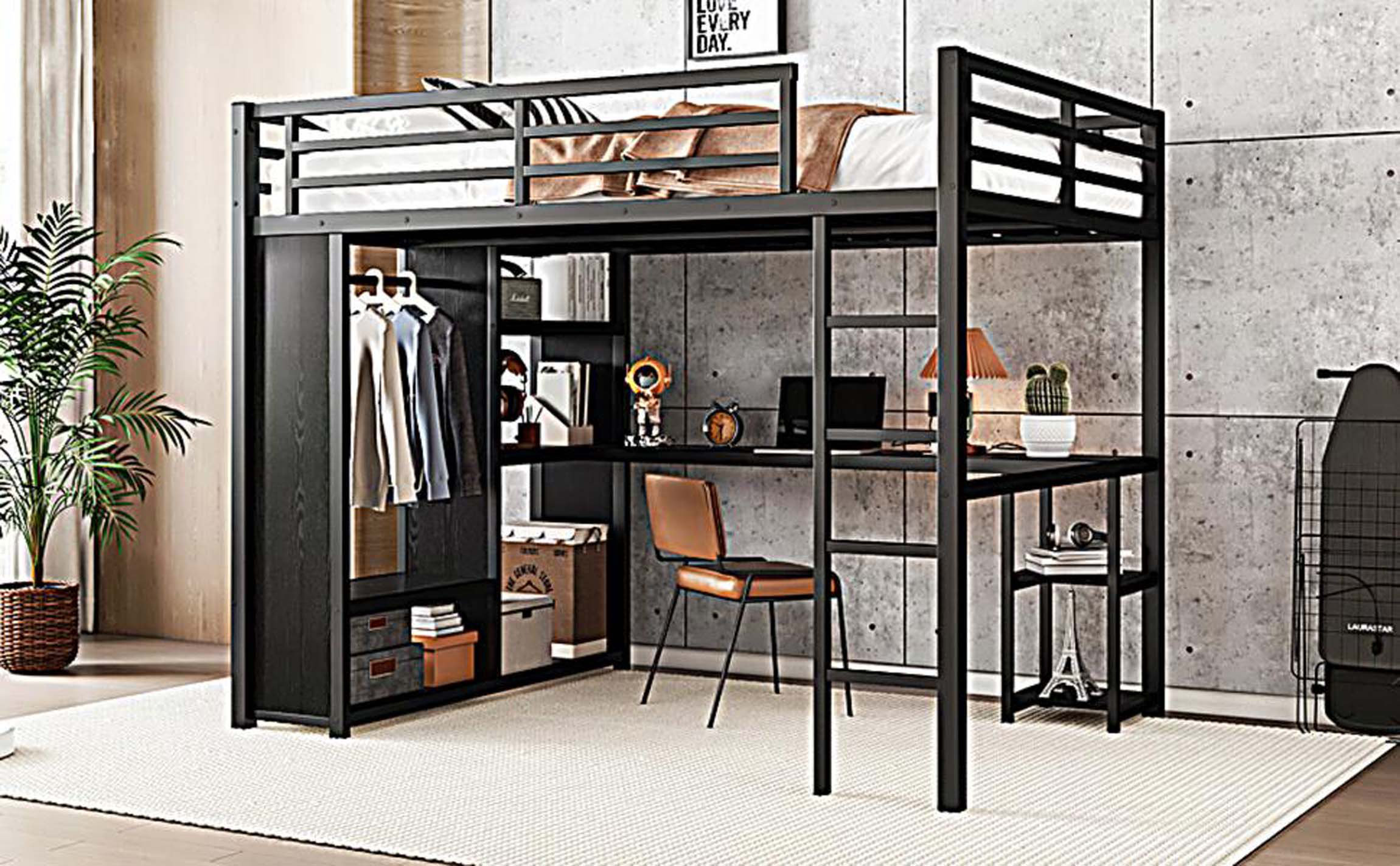 Ivy Bronx Loft Bed Frame with Built-in Wardrobe, Metal Loft Bed with ...