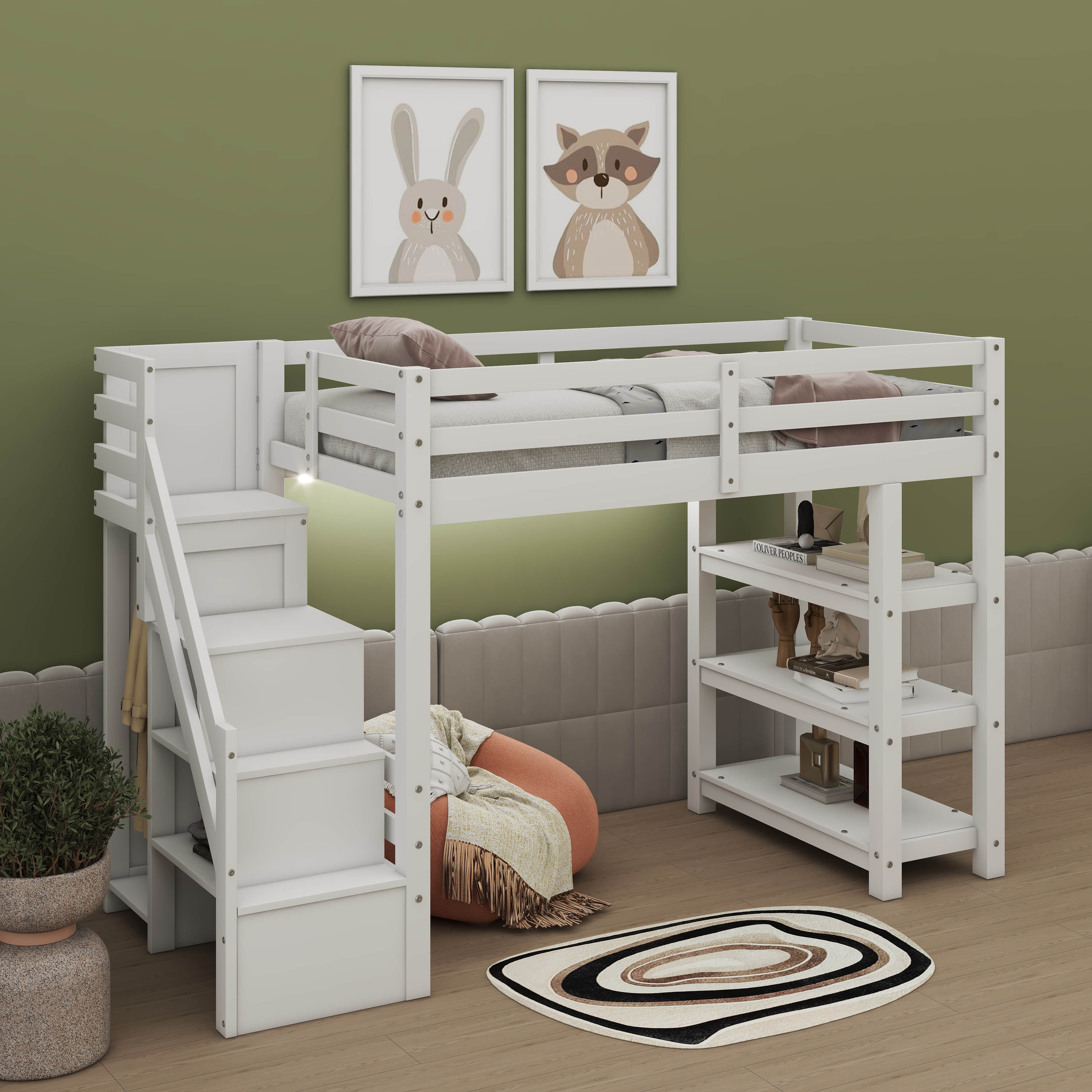 Ivy Bronx Raised Bed With Shelving, Storage Staircase, Compact Wardrobe ...