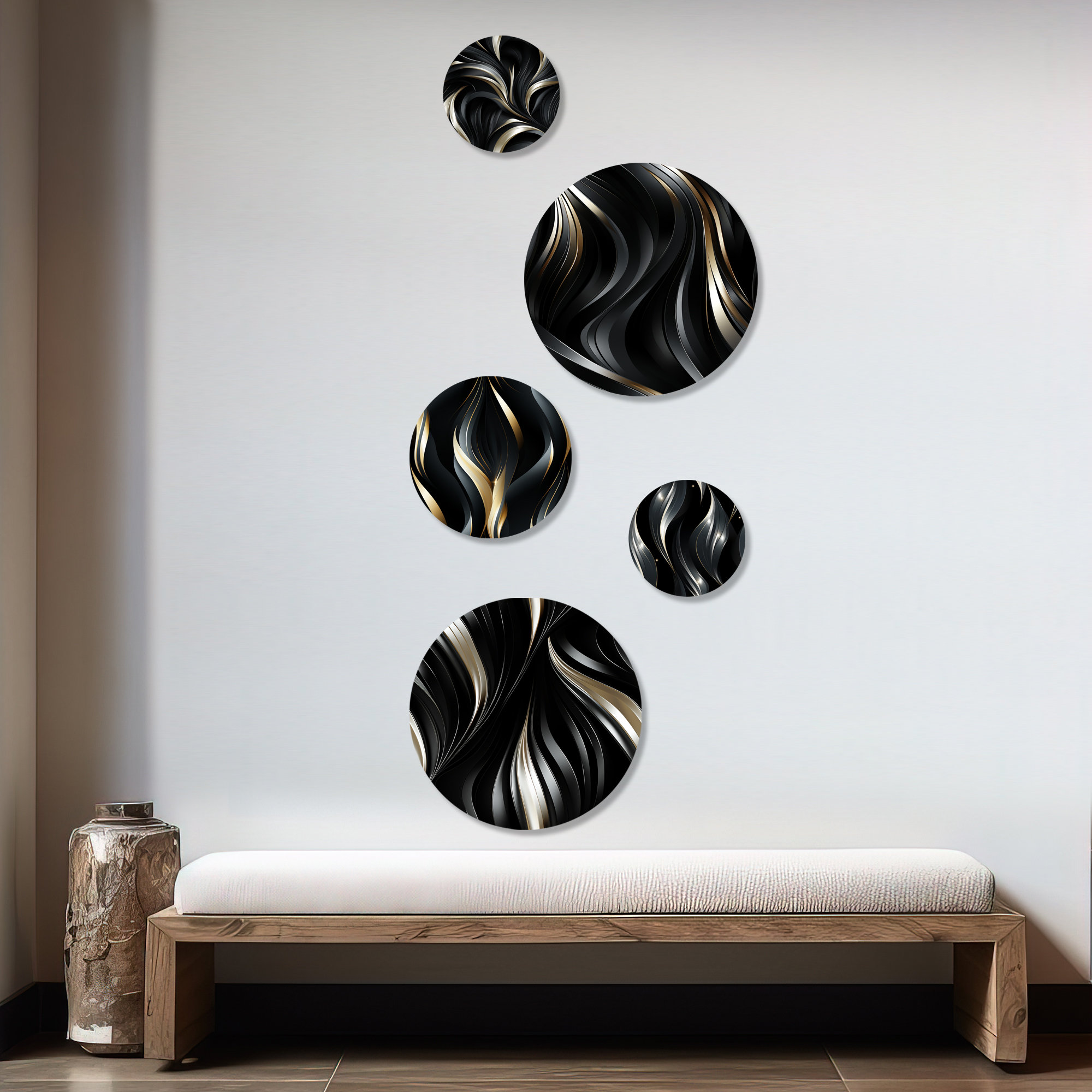 Design Art Deep Black Silver Elegance II - Abstract Glam Round Wall Art ...