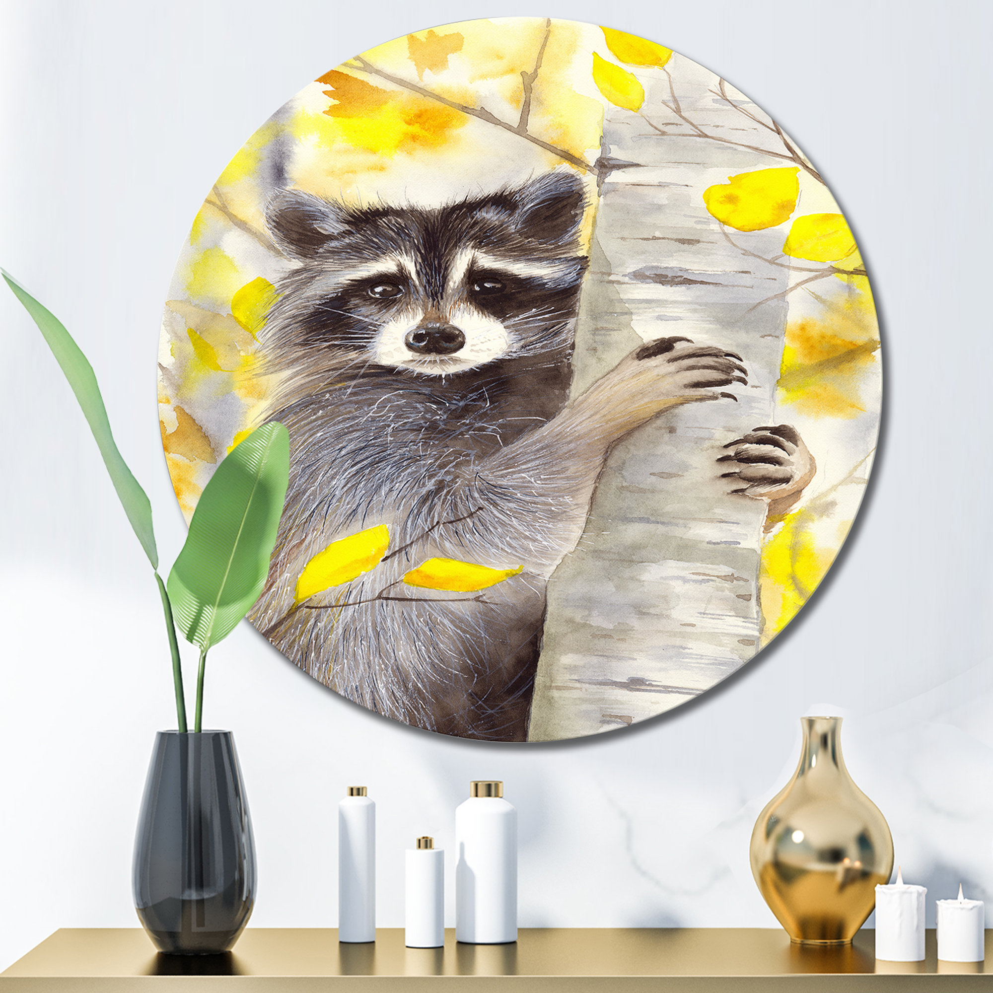 East Urban Home A Cute Racoon On A Birch Tree With Autumn Yellow ...