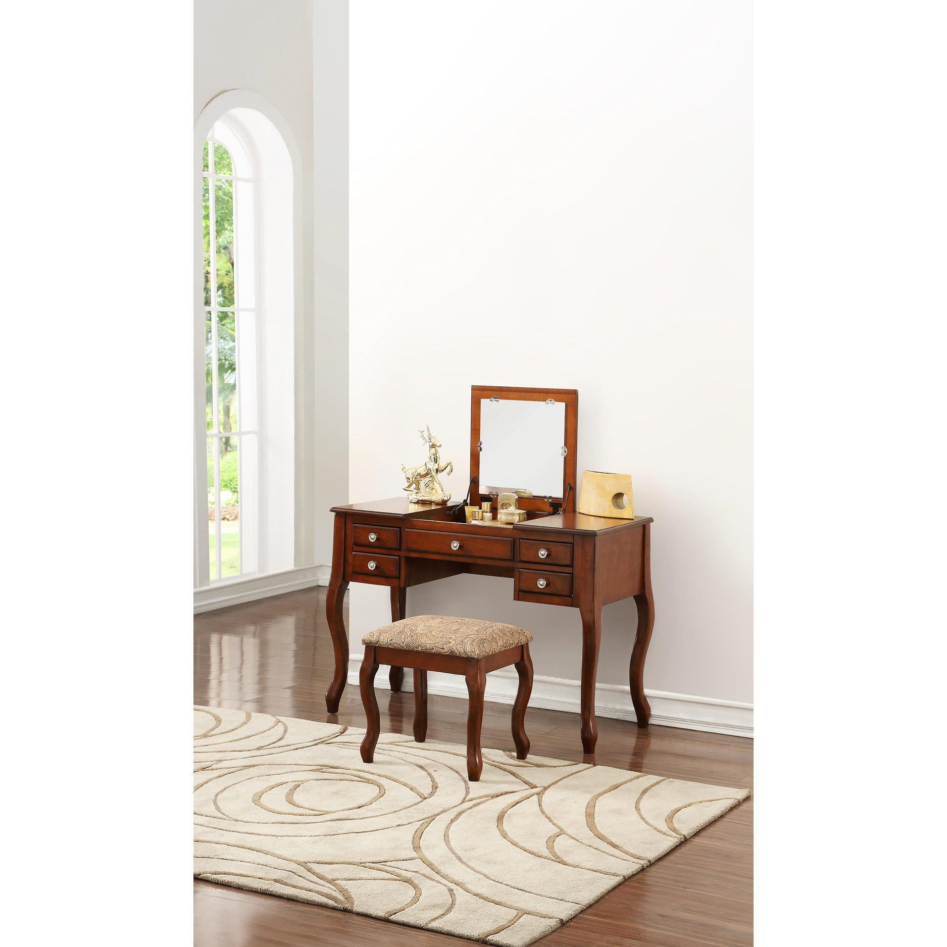 Canora Grey Classic Bedroom Vanity With Stool, Cherry Shade, Flip-up ...