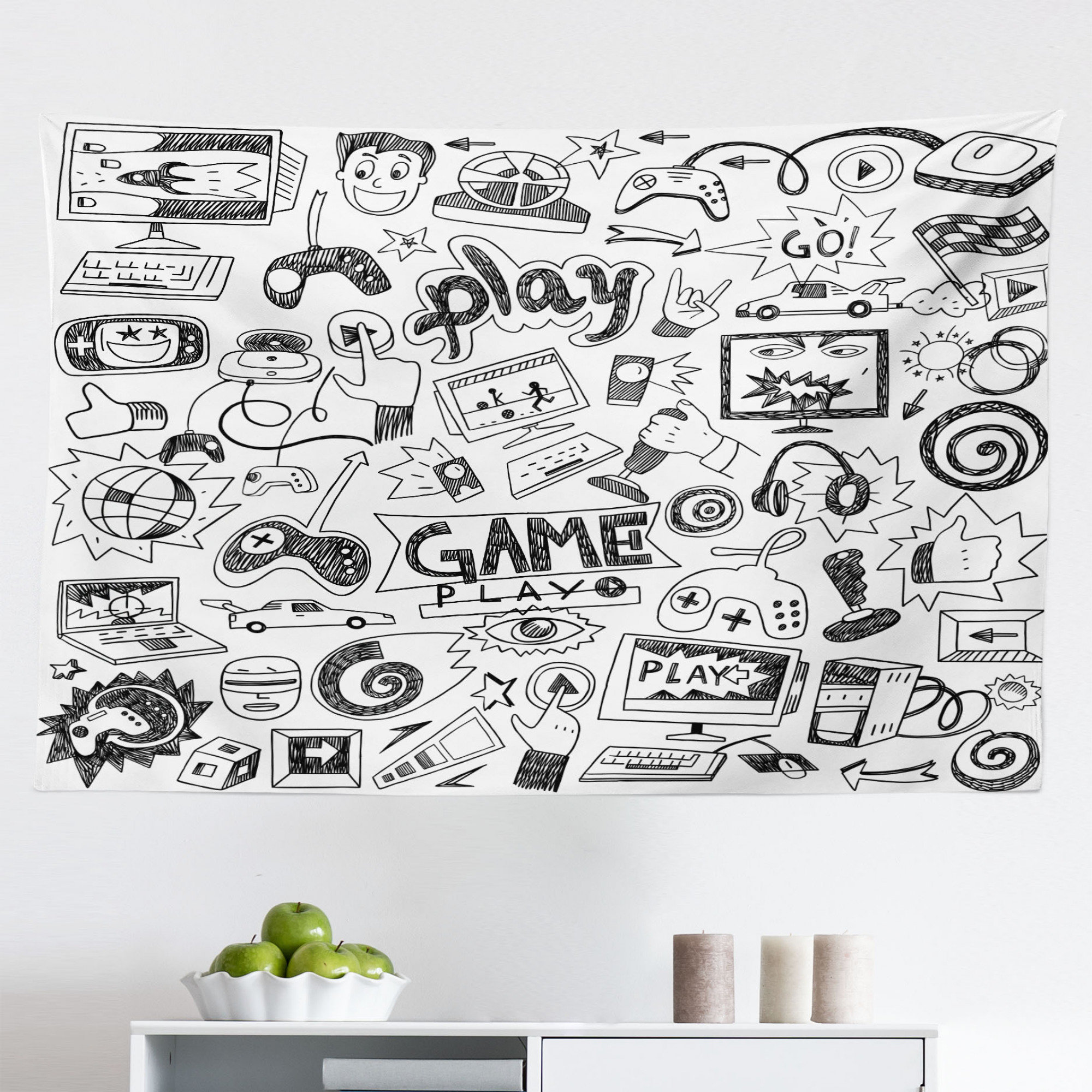 East Urban Home Video Games Tapestry, Monochrome Sketch Style Gaming ...