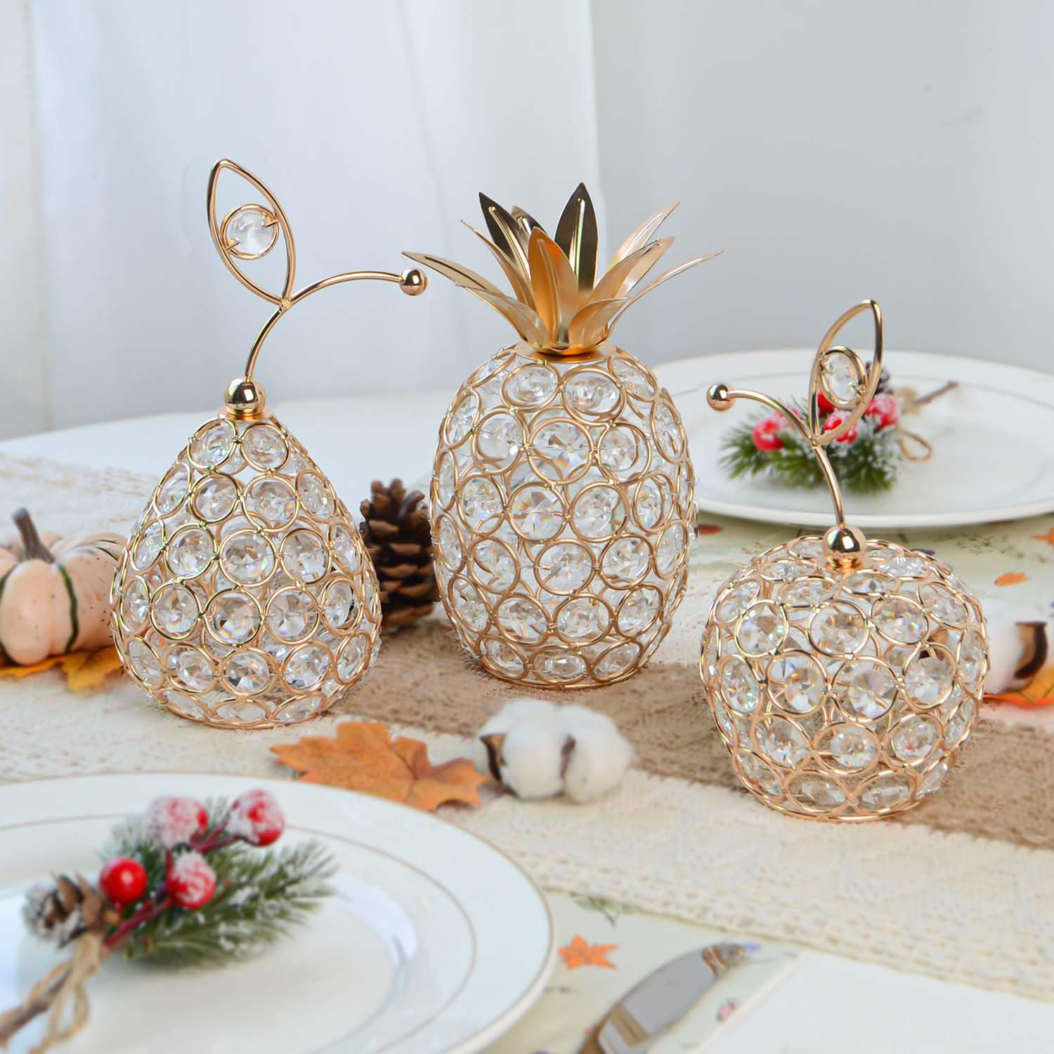 House of Hampton® Set Of 3 Elegance Crystal Metal Pineapple Pear Table Centerpiece Handmade ...