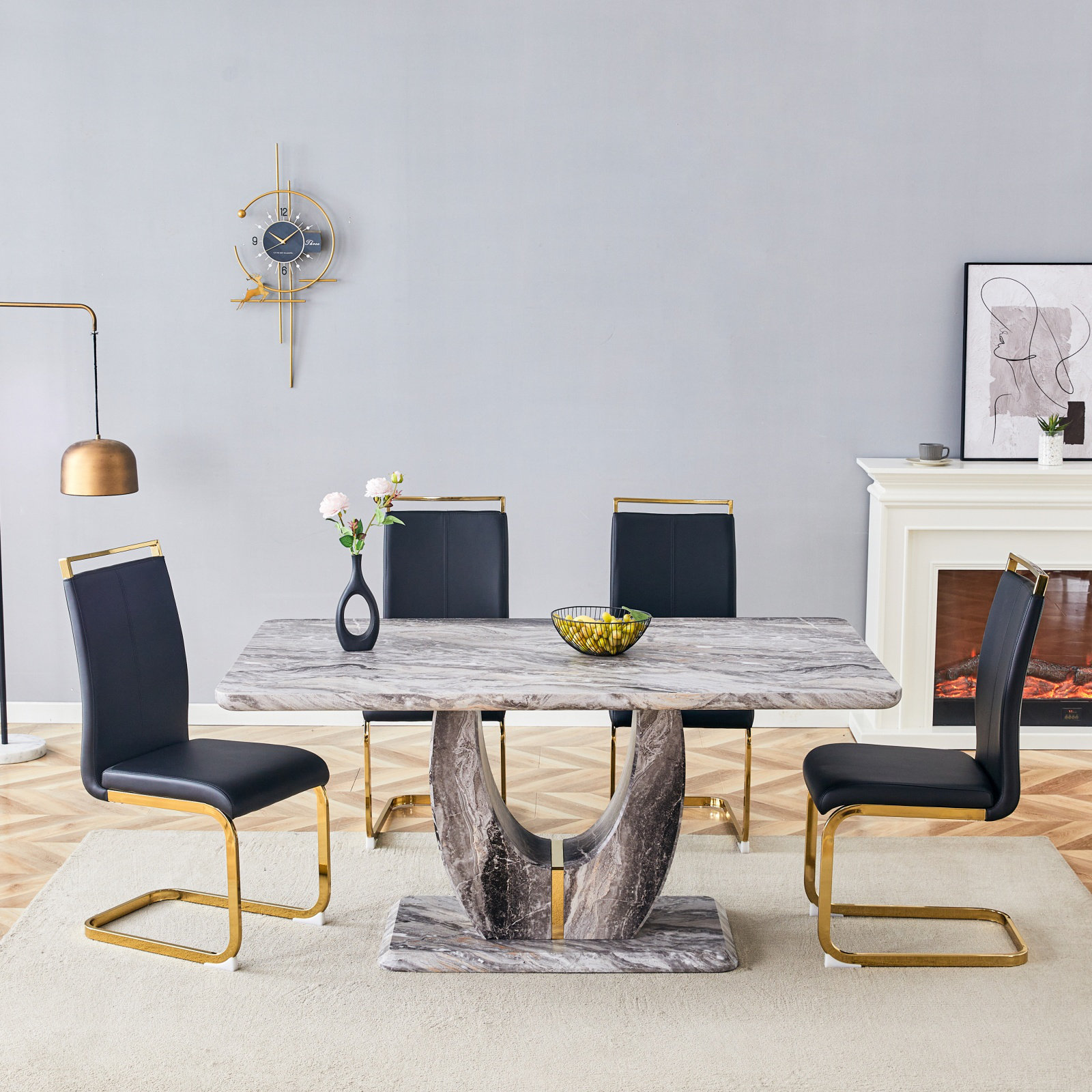TRQ 63" Modern Dining Table Set With PU Leather Chairs, U-Shaped MDF ...