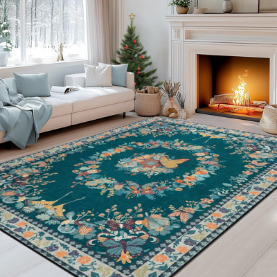 August Grove® Washable Area Rug Green Butterfly Soft Accent Carpet ...