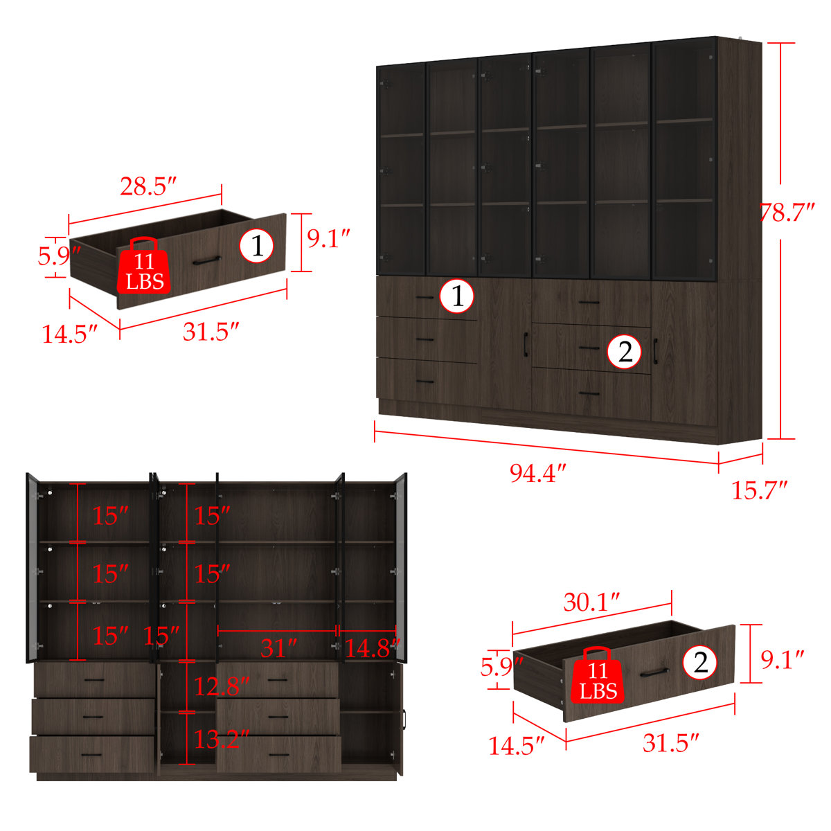 Morinome 94.4" Wide Glass Door & LED Lights Display Case Curio Cabinet ...