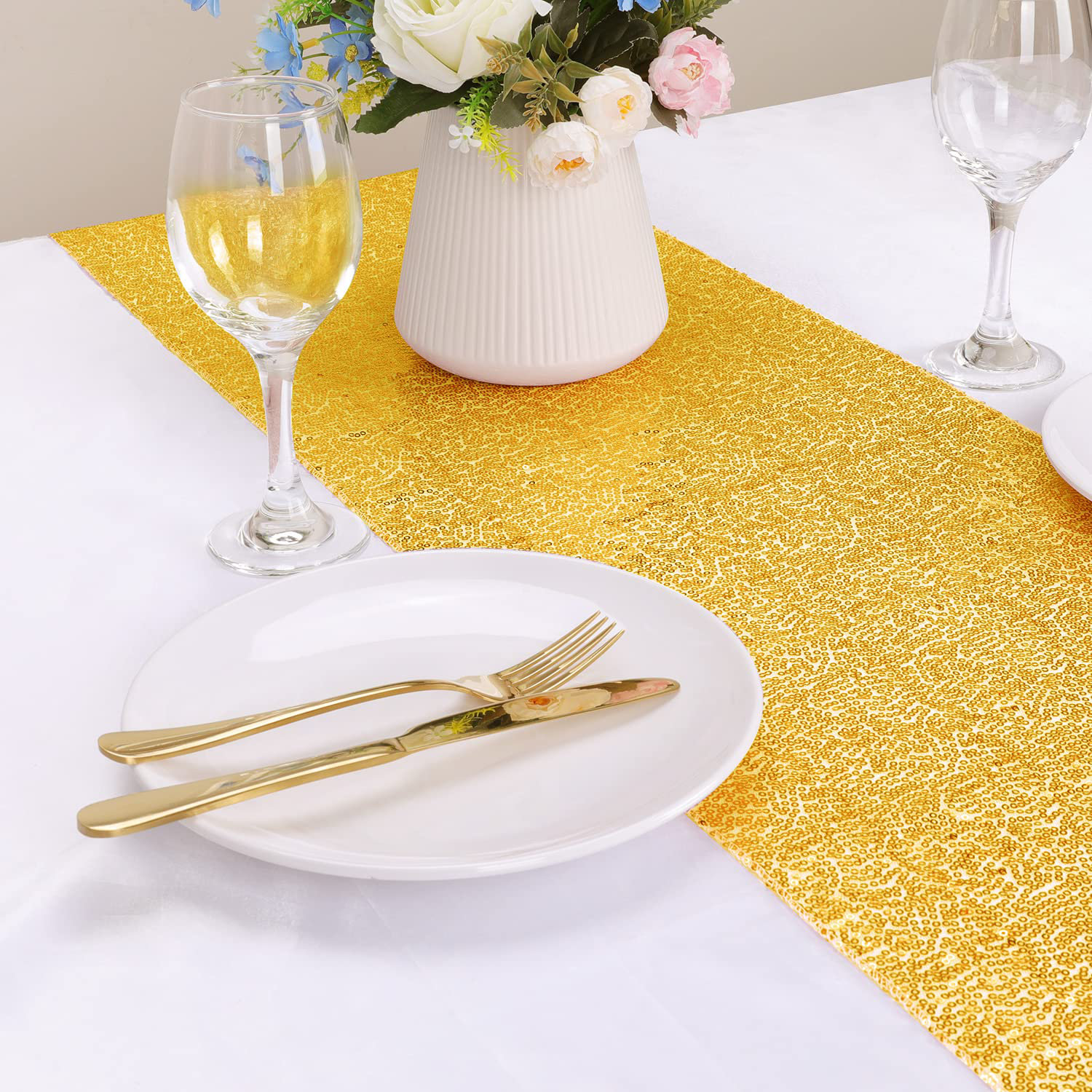 Rosdorf Park 6 Pack Sequin Table Runner Gold, 12 X 108 Inch Glitter Gold Table Runner For ...