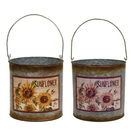August Grove® 2/Set Distressed Galvanized Sunflower Buckets | Wayfair