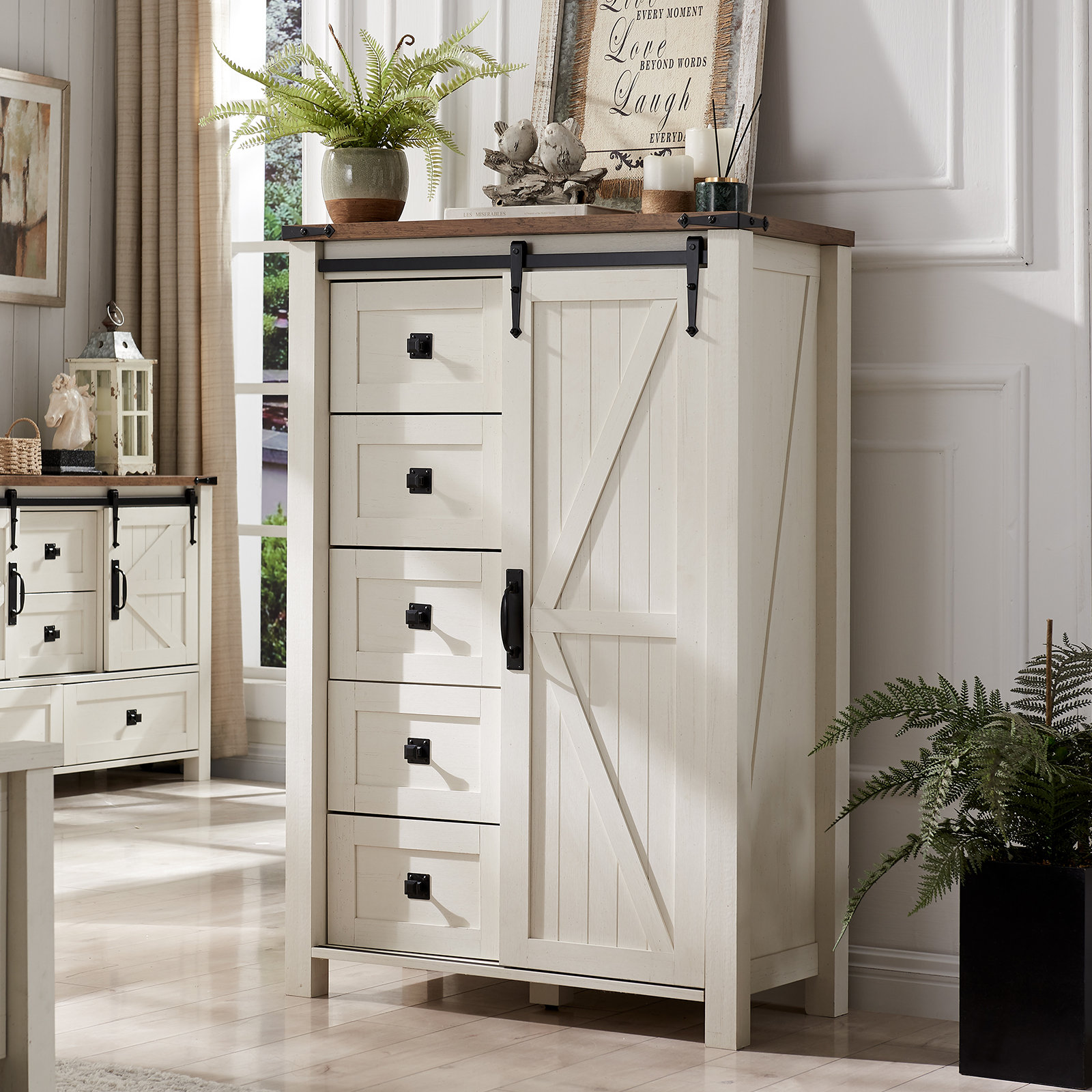 Gracie Oaks Farmhouse 5 Chest of Drawers Tall Drawers Dresser with Sliding Barn Door Reviews Wayfair Canada