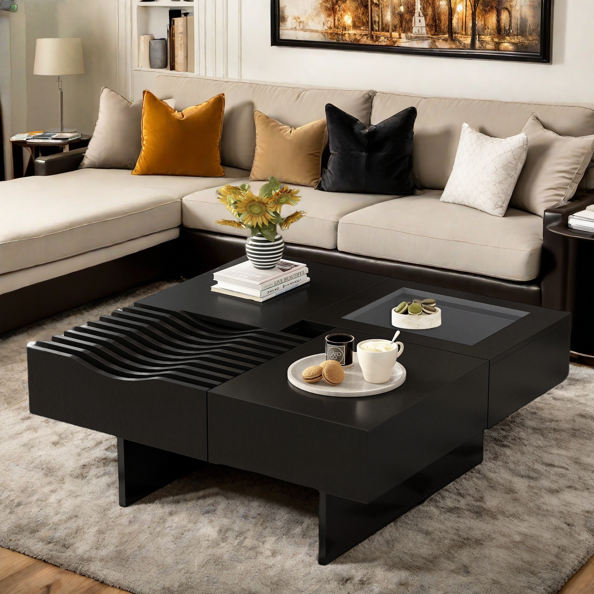 Latitude Run® Modern Square Coffee Table With 3 Drawers, Tempered Glass ...