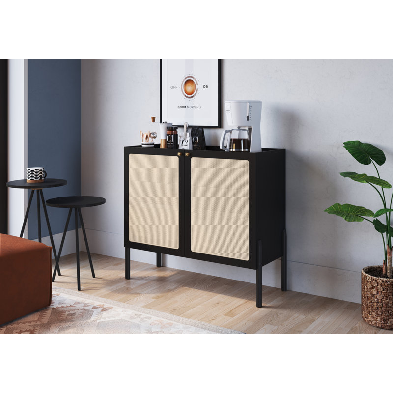 Ebern Designs Efran Bar Cabinet Wood Leg 2 Rattan Accent Door Sideboard ...
