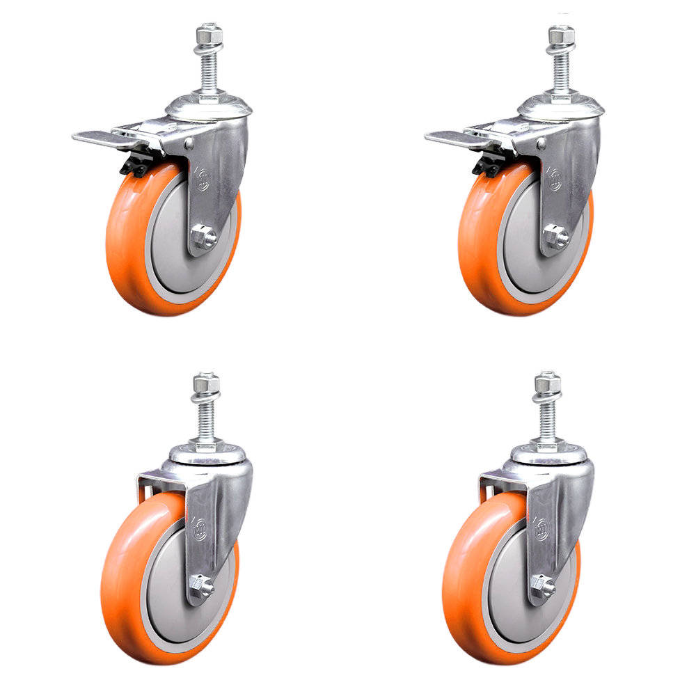 Service Caster 5 Inch SS Polyurethane 3/8 Inch Threaded Stem Caster Set ...