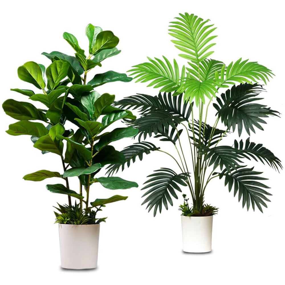 Primrue 2pcs Artificial Plants Fiddle Leaves Faux Tropical Palm Tree ...