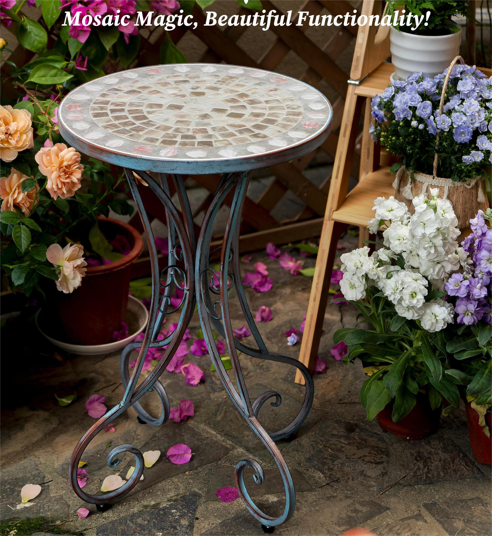 Fleur De Lis Living Mosaic Patio Table And Plant Stand, Outdoor Side ...