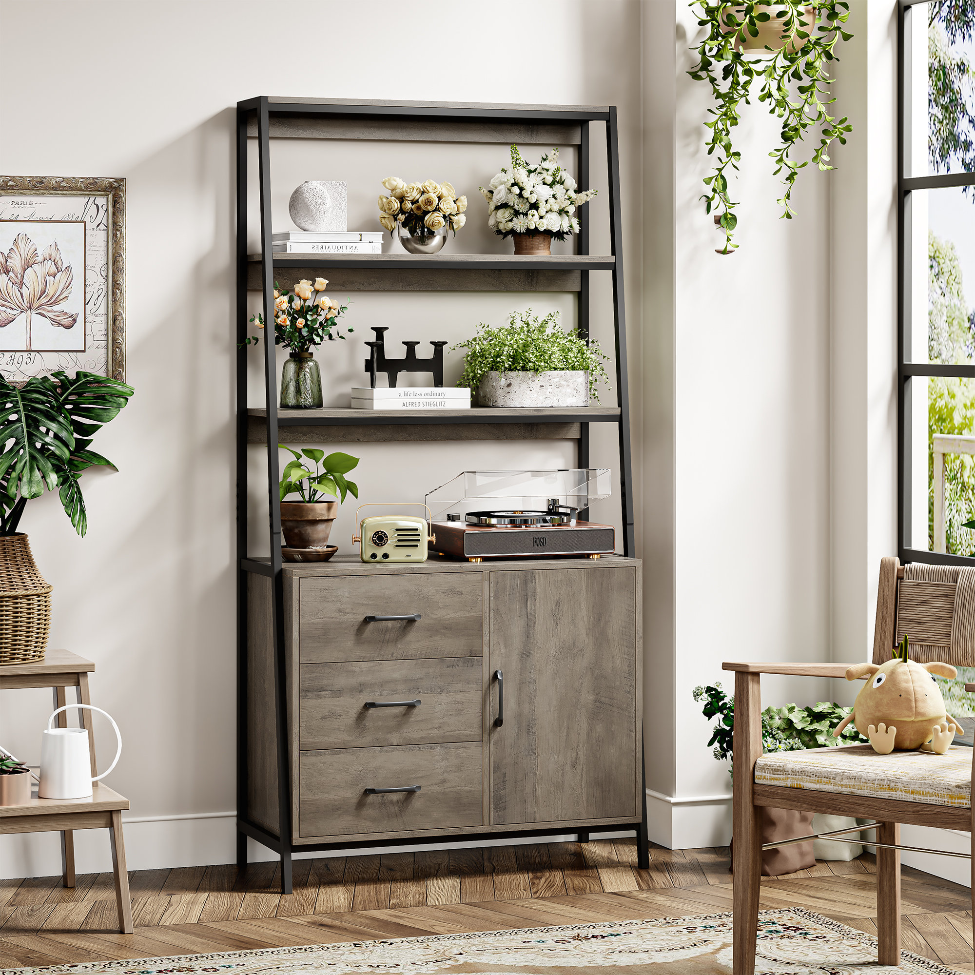 Mercer41 68.9"H Ladder Bookcase With 3 Drawers, 1 Cabinet With ...