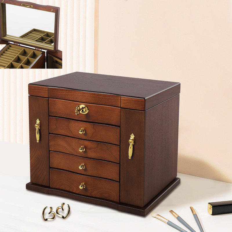 Latitude Run® 5 Layer Wooden Jewelry Box with Mirror and Combo Lock ...