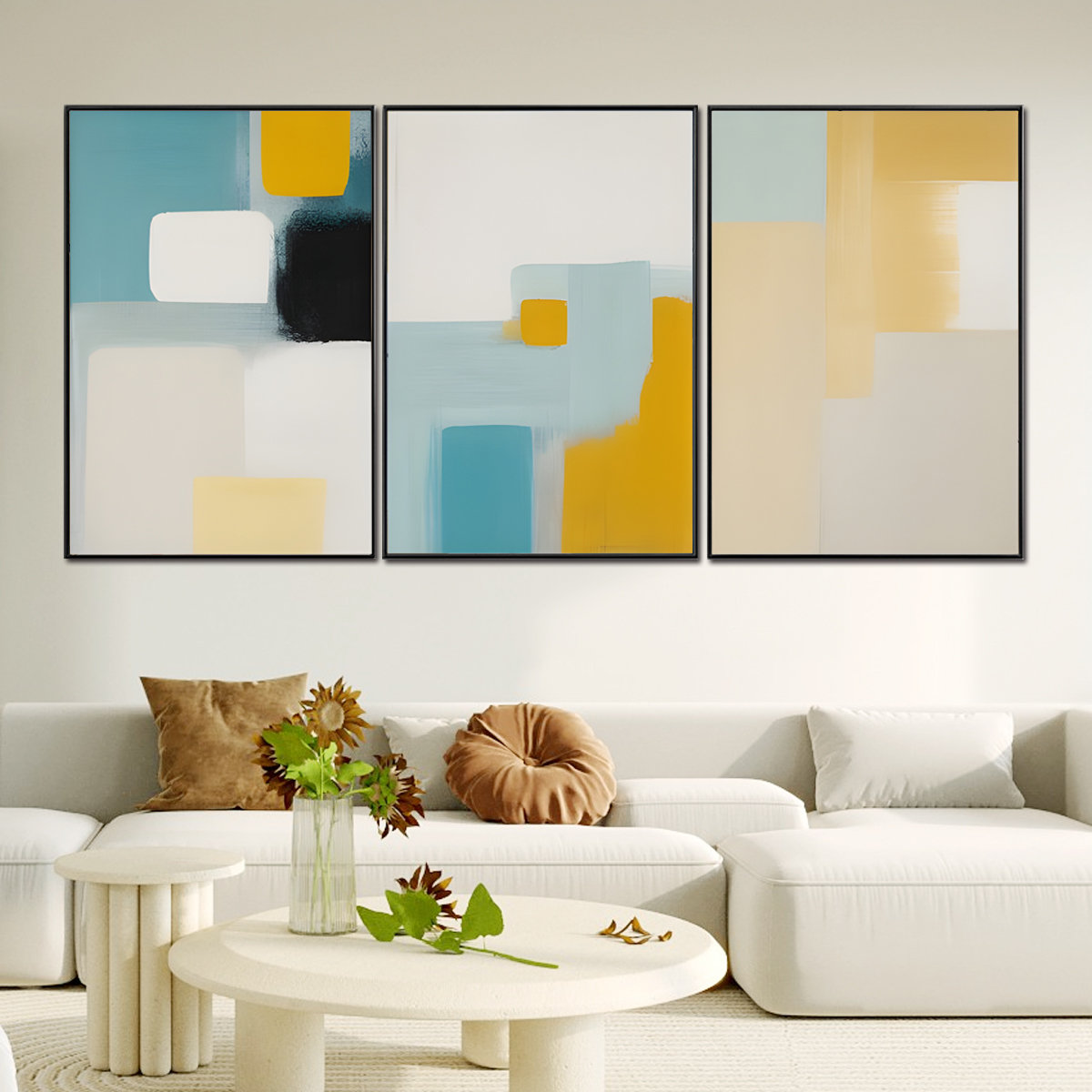 Wrought Studio™ 3 Piece Abstract Geometric Color Blocks Wall Art Framed ...