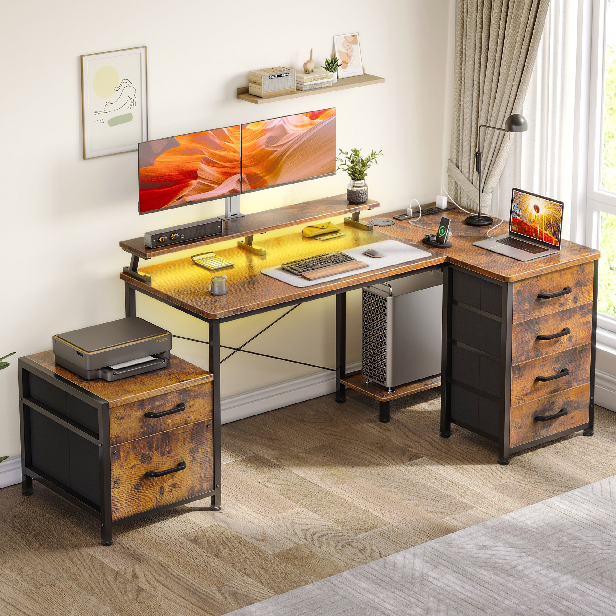 17 Stories Reversible L-shaped Desk With 5 Drawers And A Large Filing ...