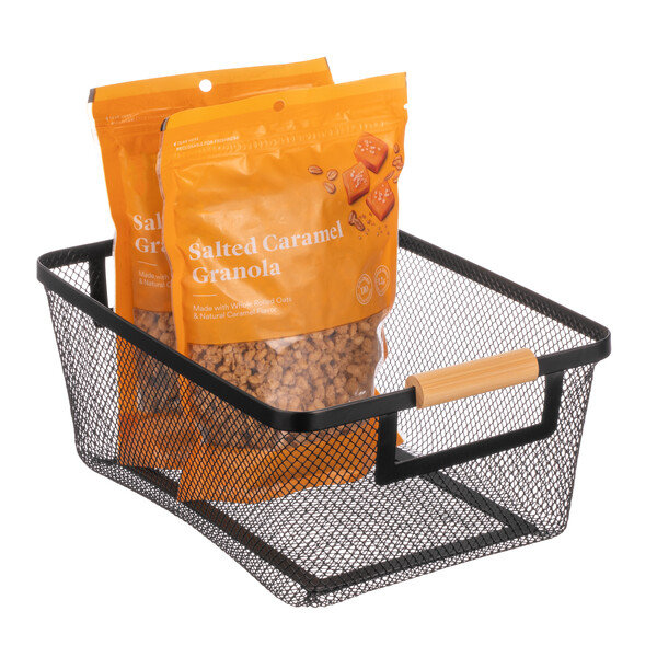 mDesign Metal Mesh Pantry Basket with Wooden Handle - Black/Natural ...