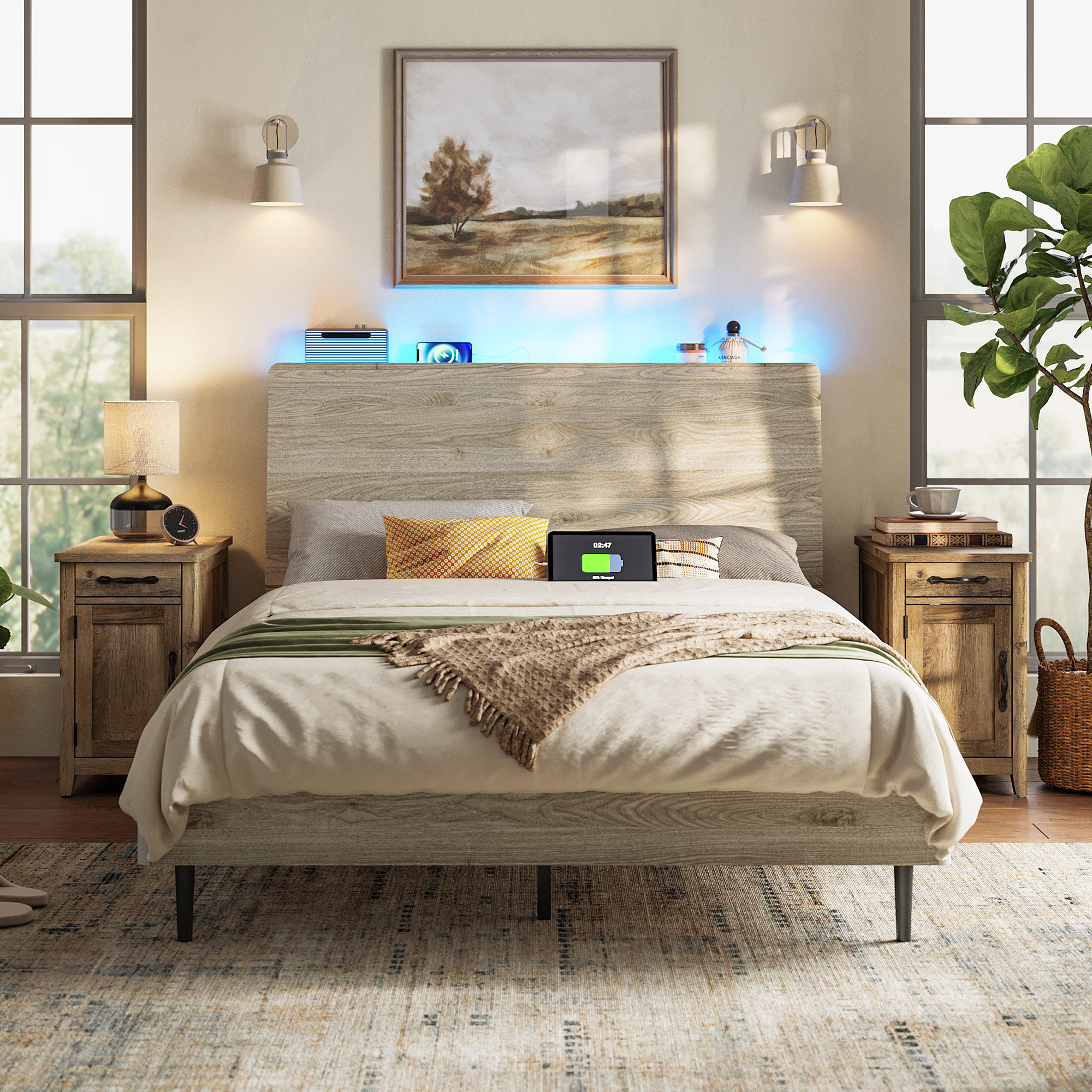 Millwood Pines Storage Shelf Bed Frame Wood With Lights, Outlets ...