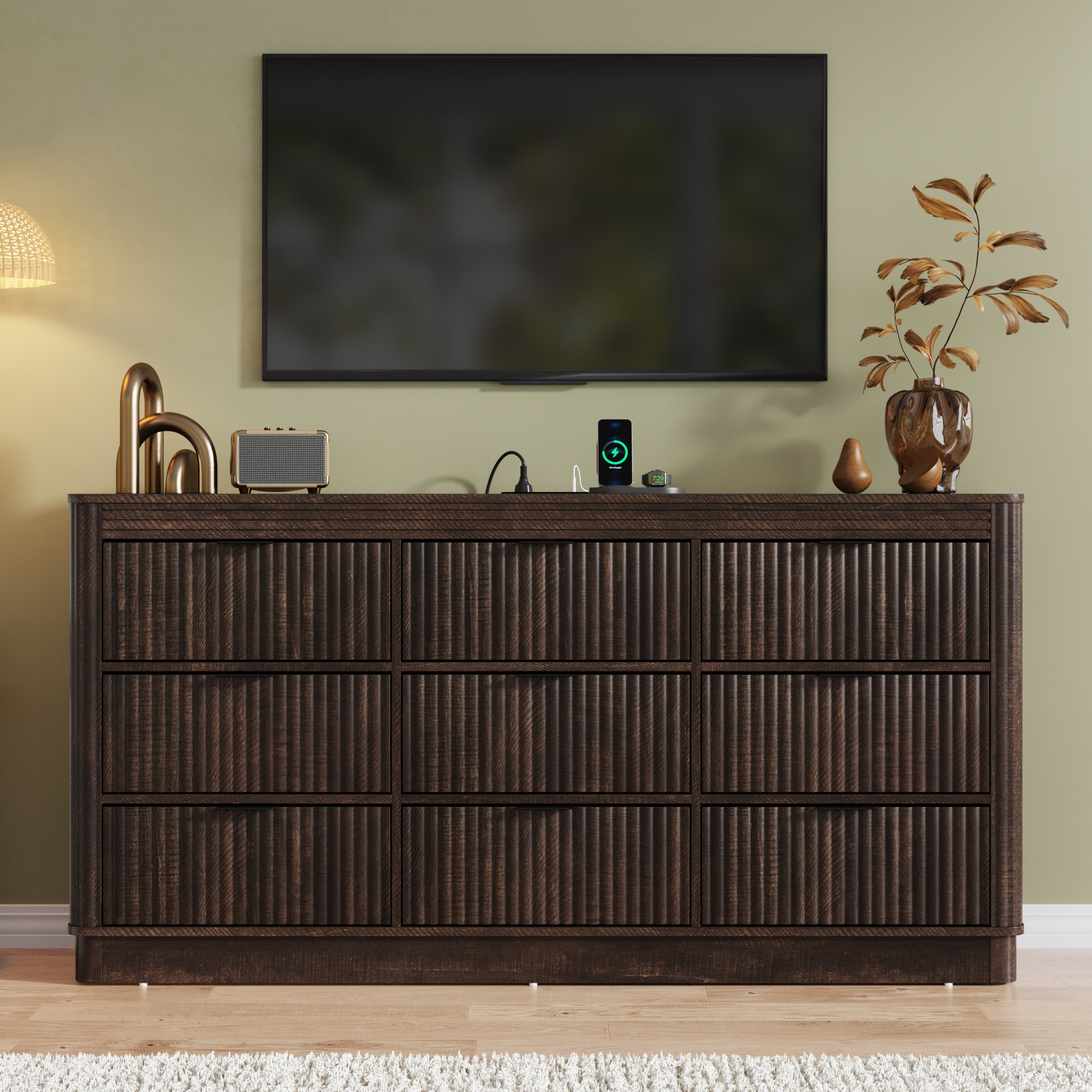 Ebern Designs Fluted 9 Drawers Dresser For Bedroom, 63'' W Chest Of ...