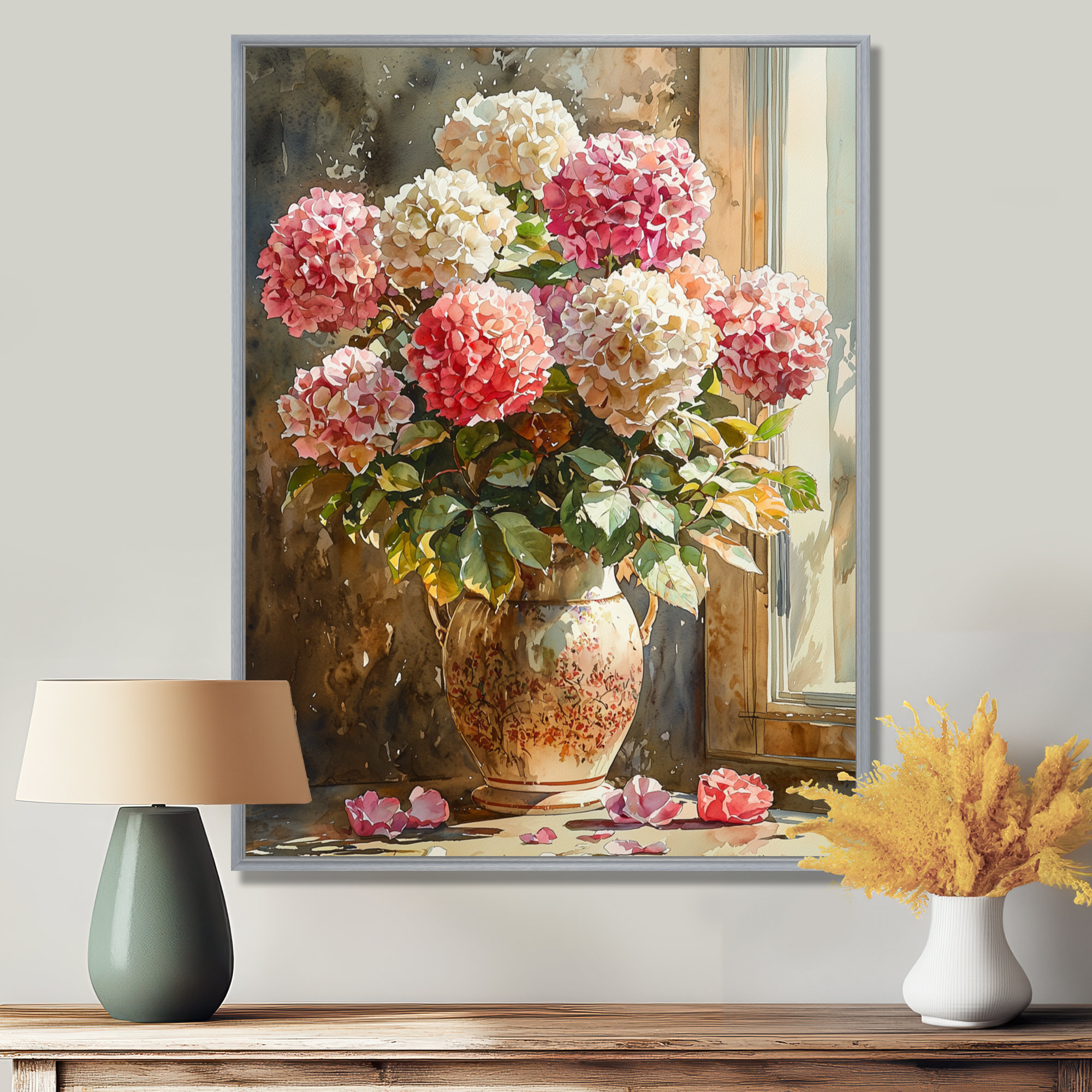 Winston Porter Cunningham Pink Hydrangeas In A Pottery Vase - Hydrangea ...