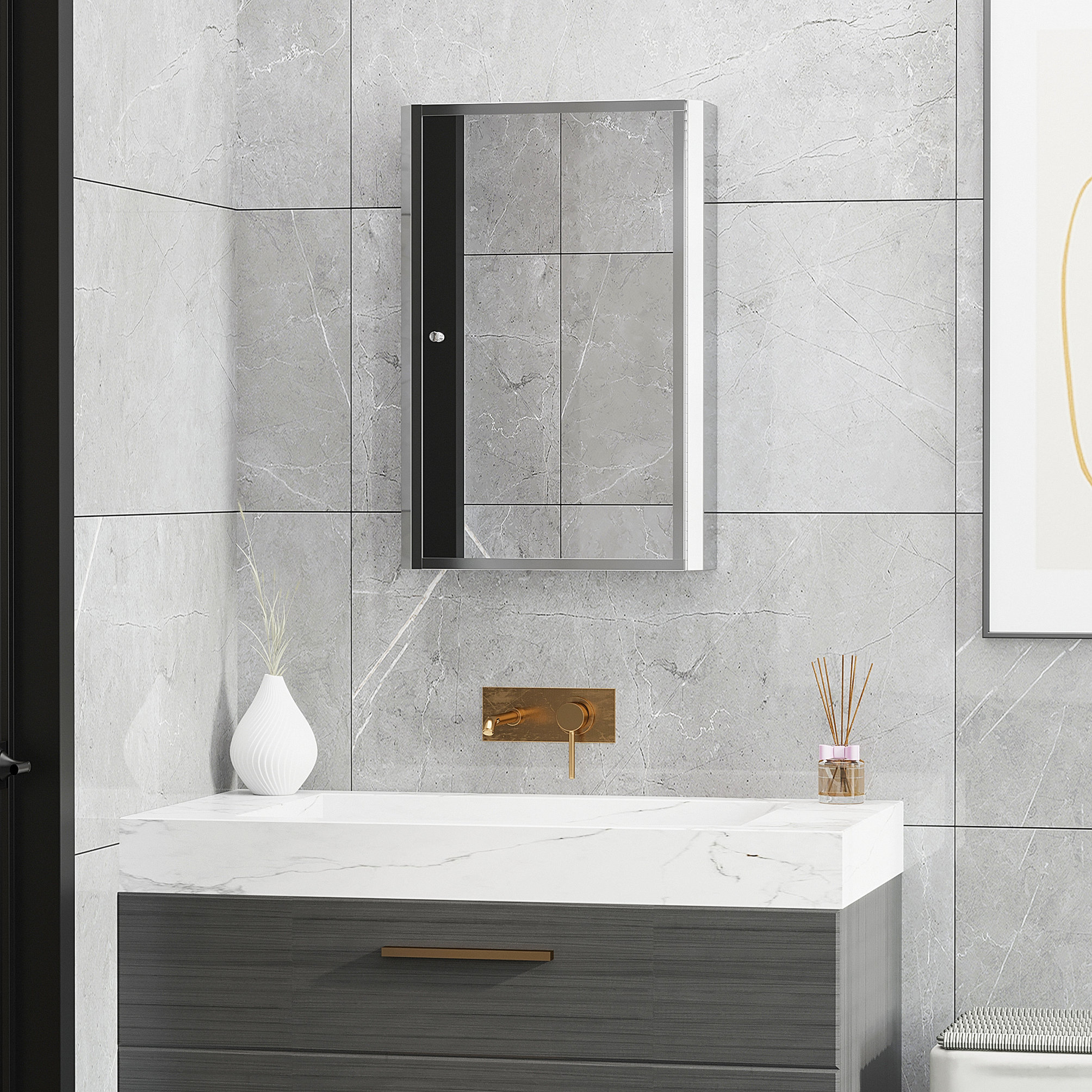 Latitude Run® Bathroom Mirrored Cabinet, Vertical 16" X 24" Stainless ...