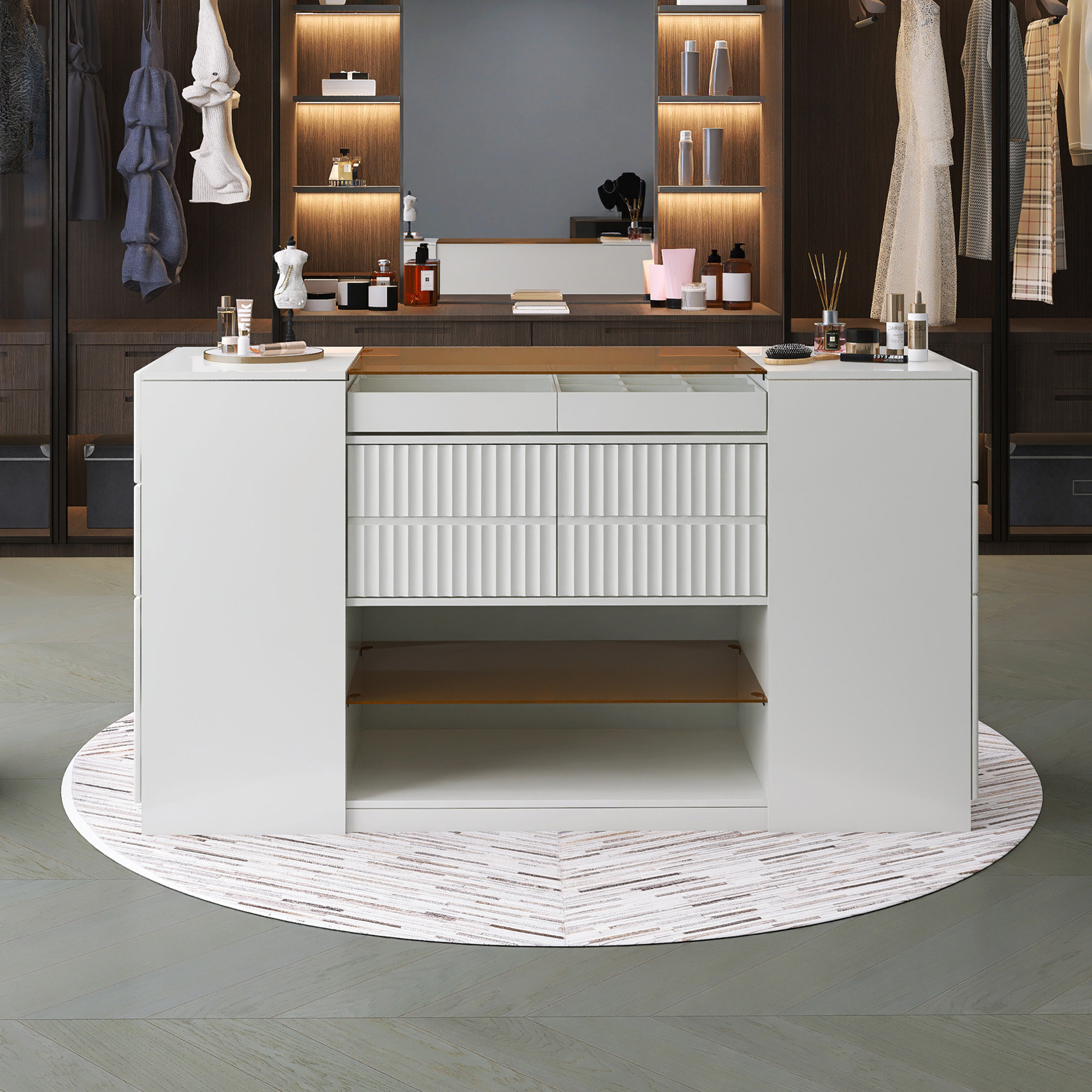 Latitude Run® Modern Luxury Multi-functional Vanity Dresser With Glass Tabletop, Display Shelf,6 ...