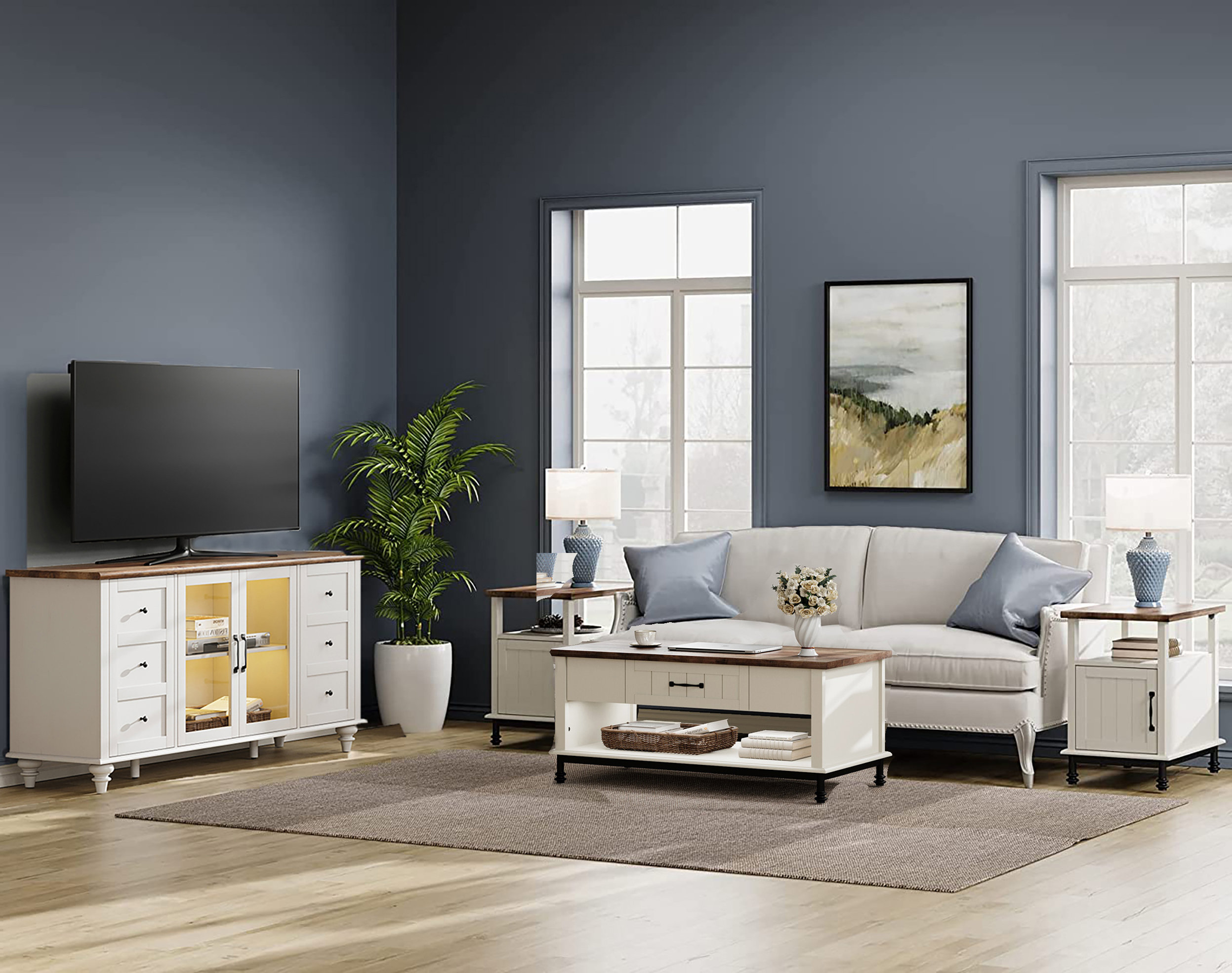 Alcott Hill® Ensemble de 4 tables de salon, meuble télé de ferme, table ...