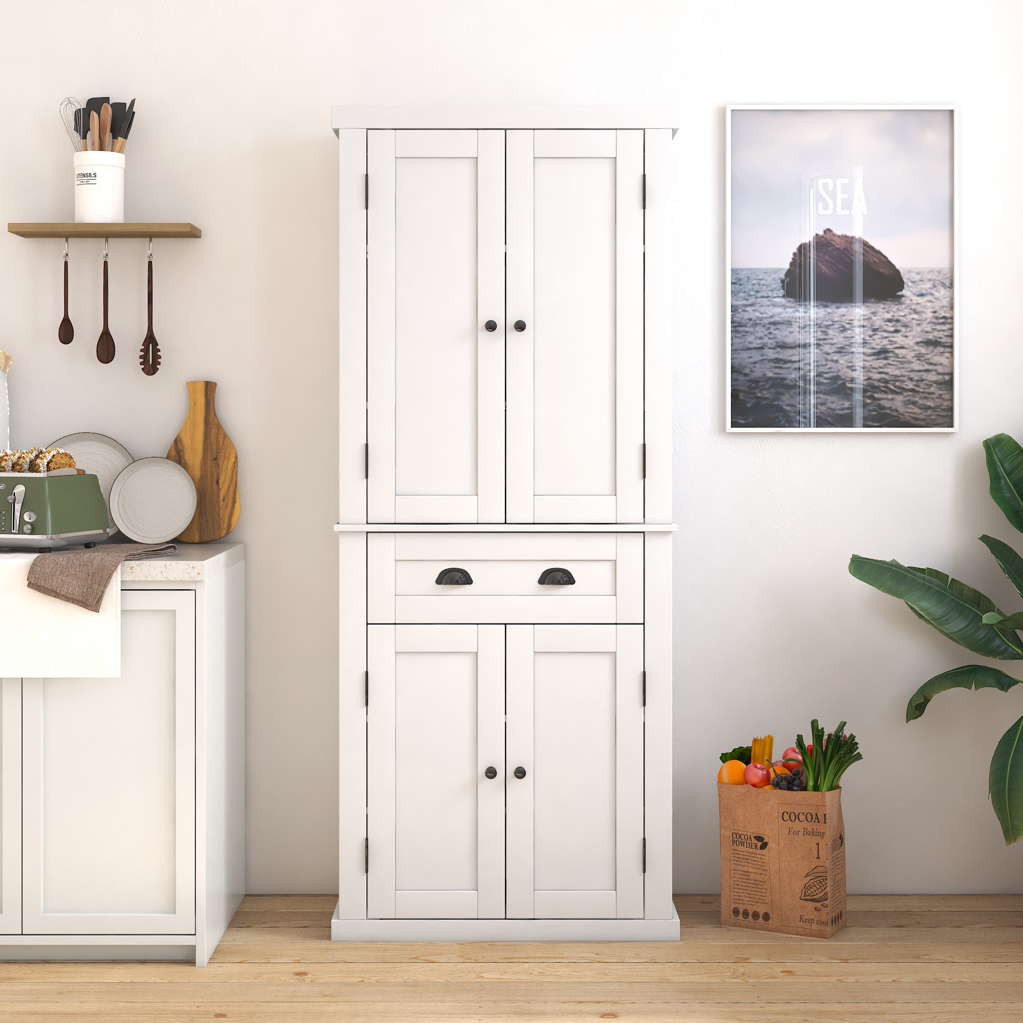 Gracie Oaks Traditional Kitchen Pantry Cabinet With 4 Doors, Adjustable ...