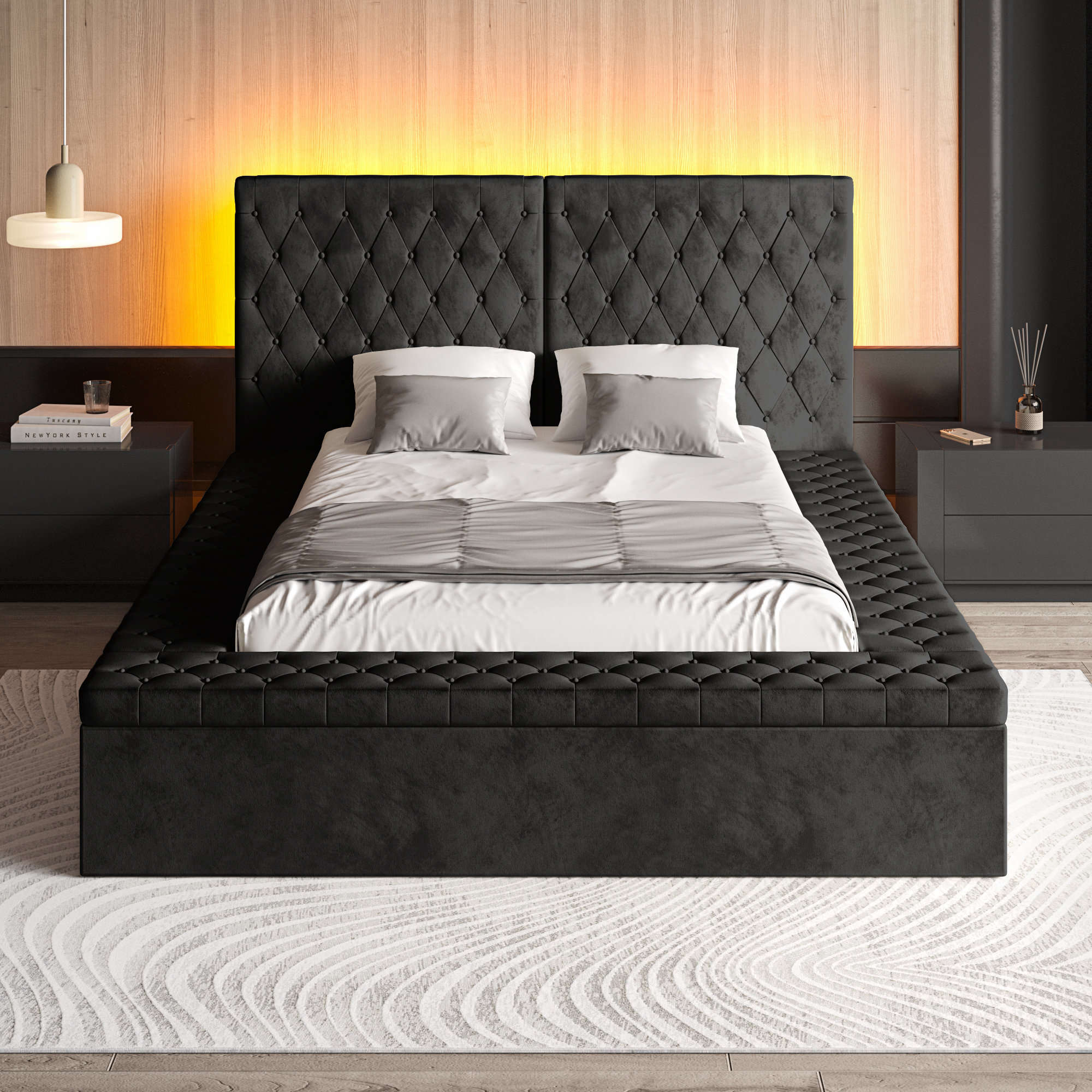 Tufted Upholstered Low Profile Storage Platform Bed