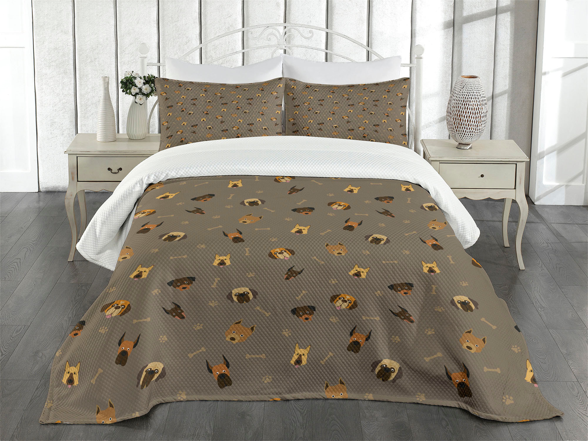 Ambesonne Dog Lover Bedspread Set Heads Paw Print and Bones Multicolor ...