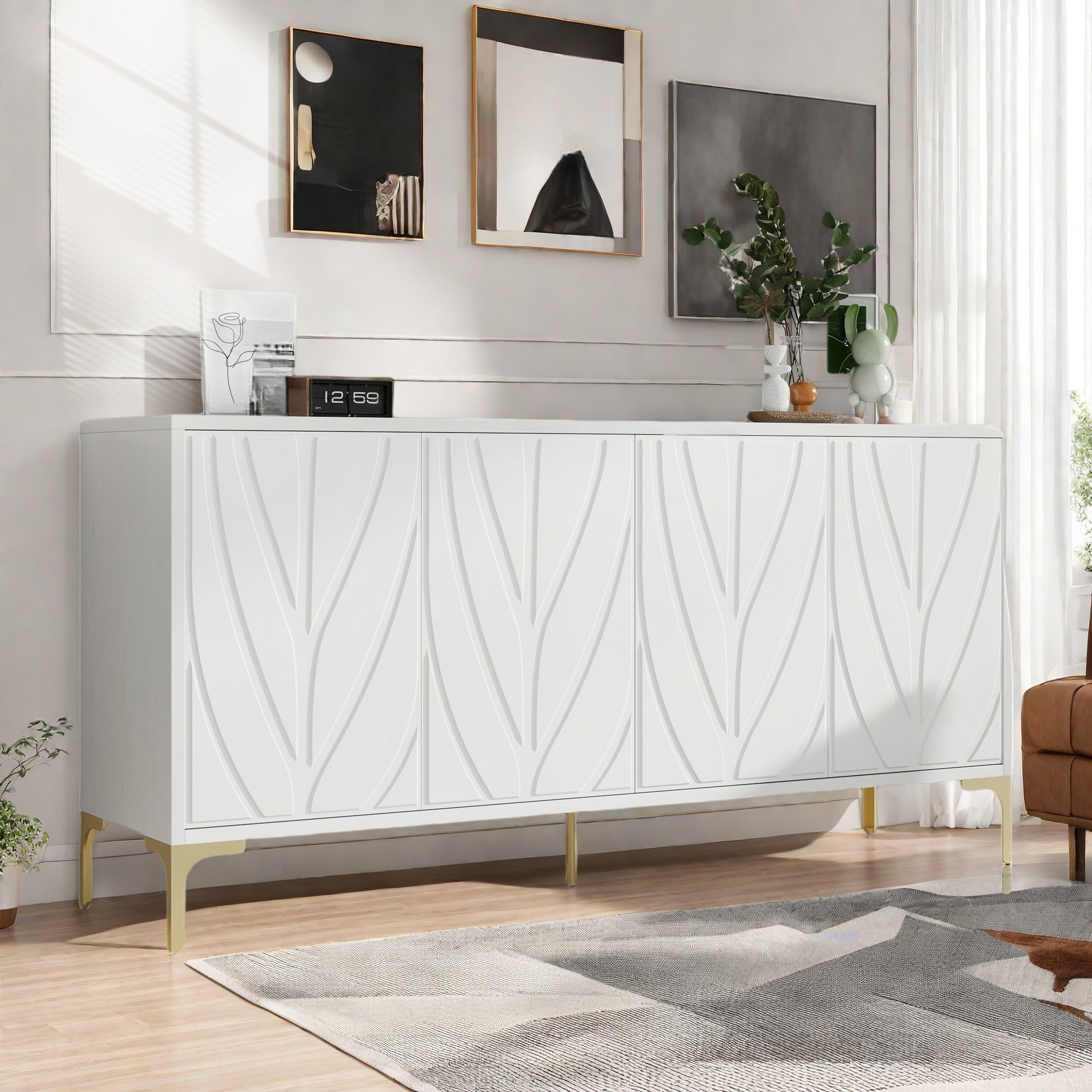 Mercer41 4 Doors Wood Sideboard With Adjustable Shelves, Leaf Texture ...