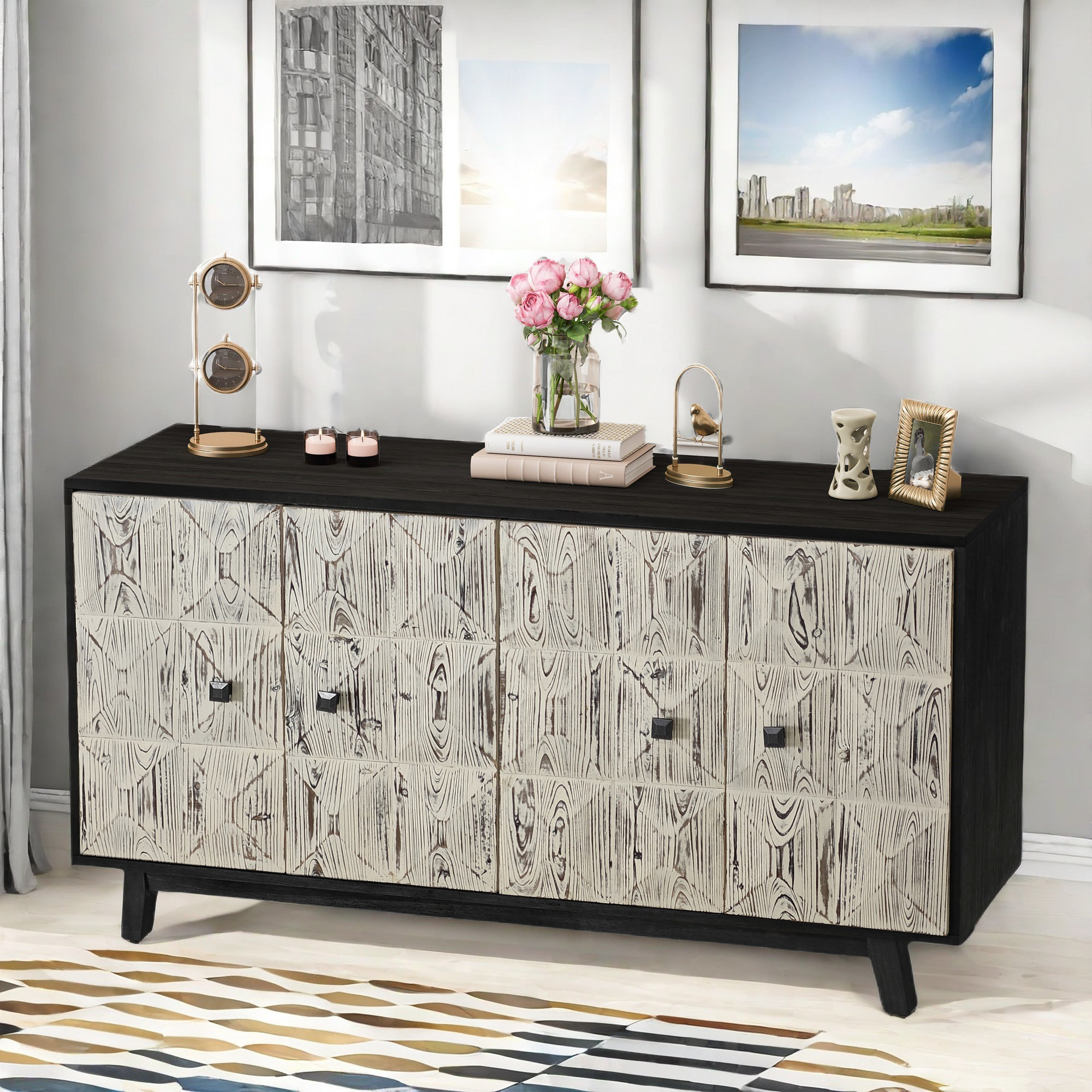 Gracie Oaks 4 Doors Vintage Sideboard With Raised Three-dimensional ...