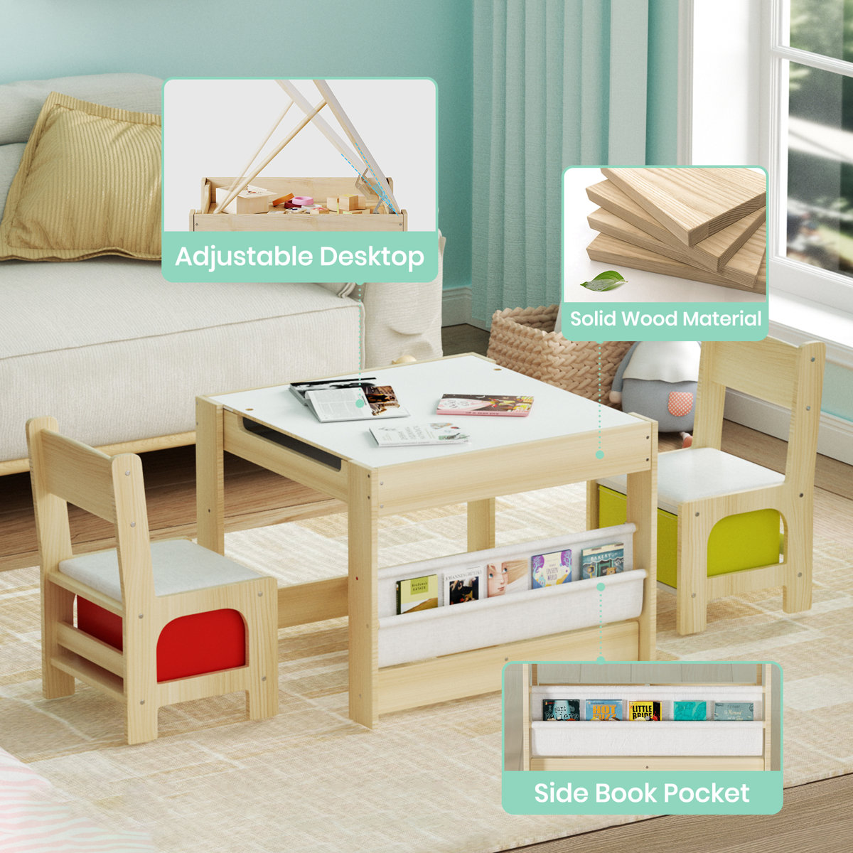 Zoomie Kids Kids Table And Chairs, Wooden Kids Table And Chair Set ...