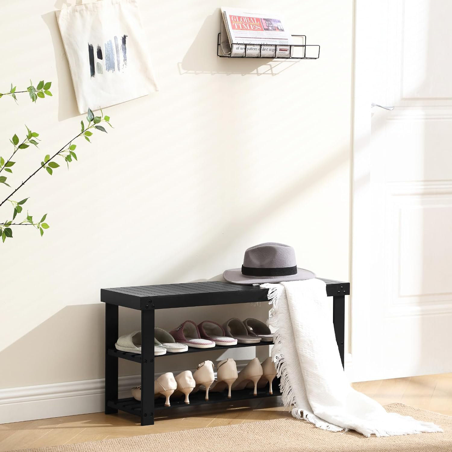 Hokku Designs Bamboo Entryway Shoe Rack, 3-Tier Shoe Rack Bench, Small ...