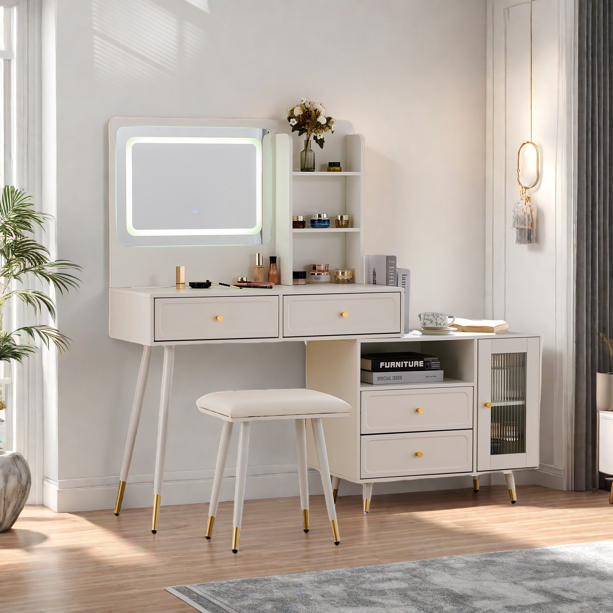 Ivy Bronx Retractable Makeup Vanity Desk With Mirror And Lights, 2 ...