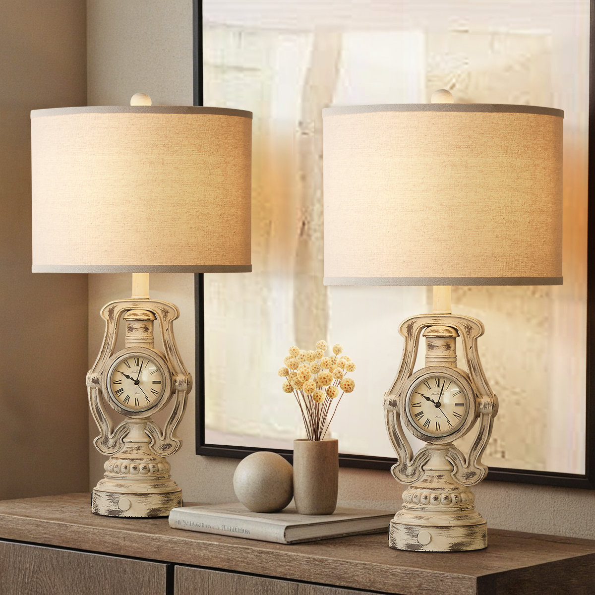 One Allium Way® 25” Washed White Vintage Clock Lamp Set With Usb Ports ...