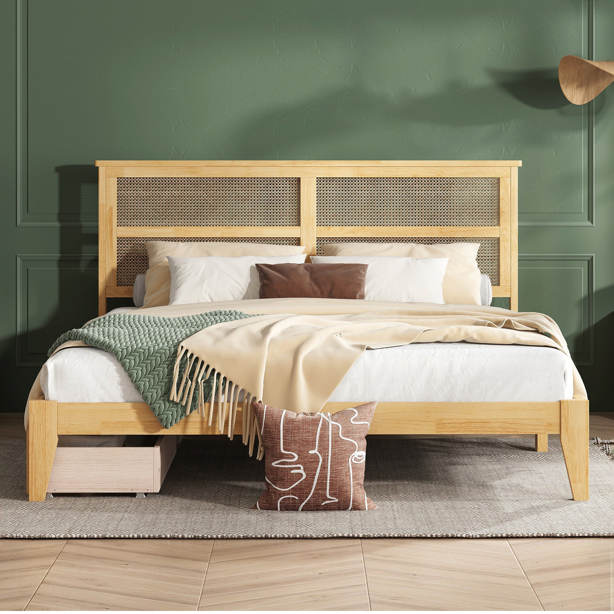 Bay Isle Home™ Solid Wood Platform Bed With Rattan Inset Headboard, 2 ...