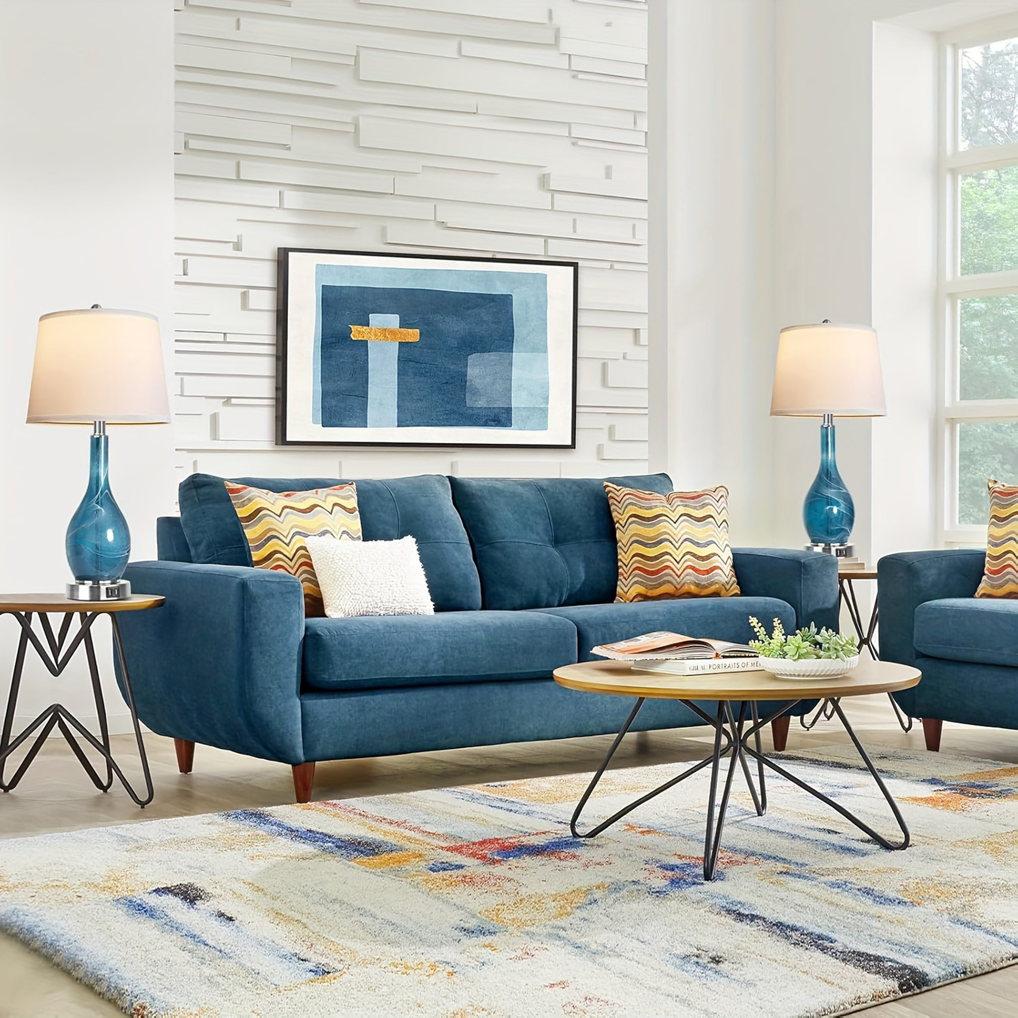 Beachcrest Home™ Set of 2 Modern Blue Glass Table Lamps with USB Ports ...