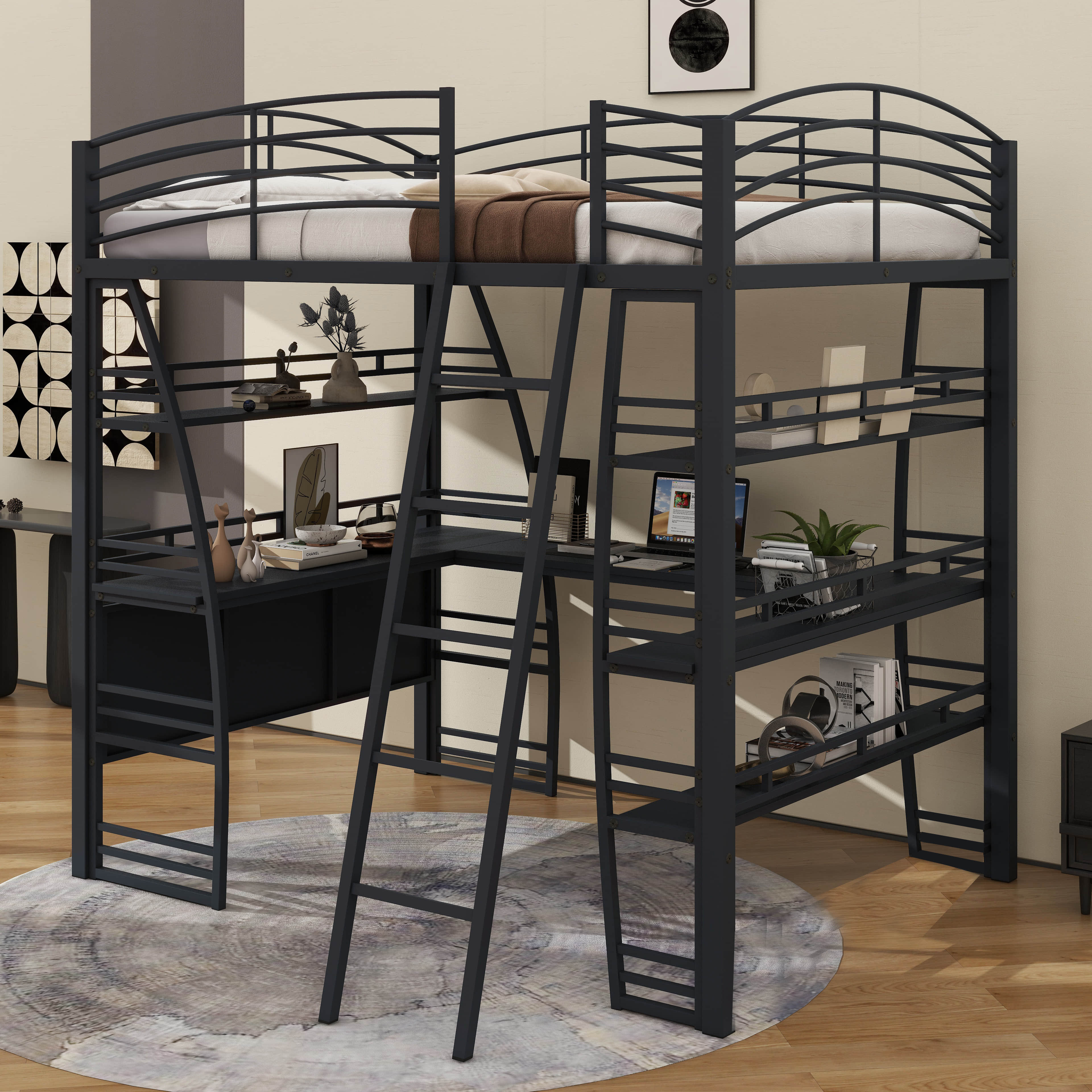 XIUYE Compact Elevated Bed With L-Shaped Workspace And Four-Shelf Unit ...