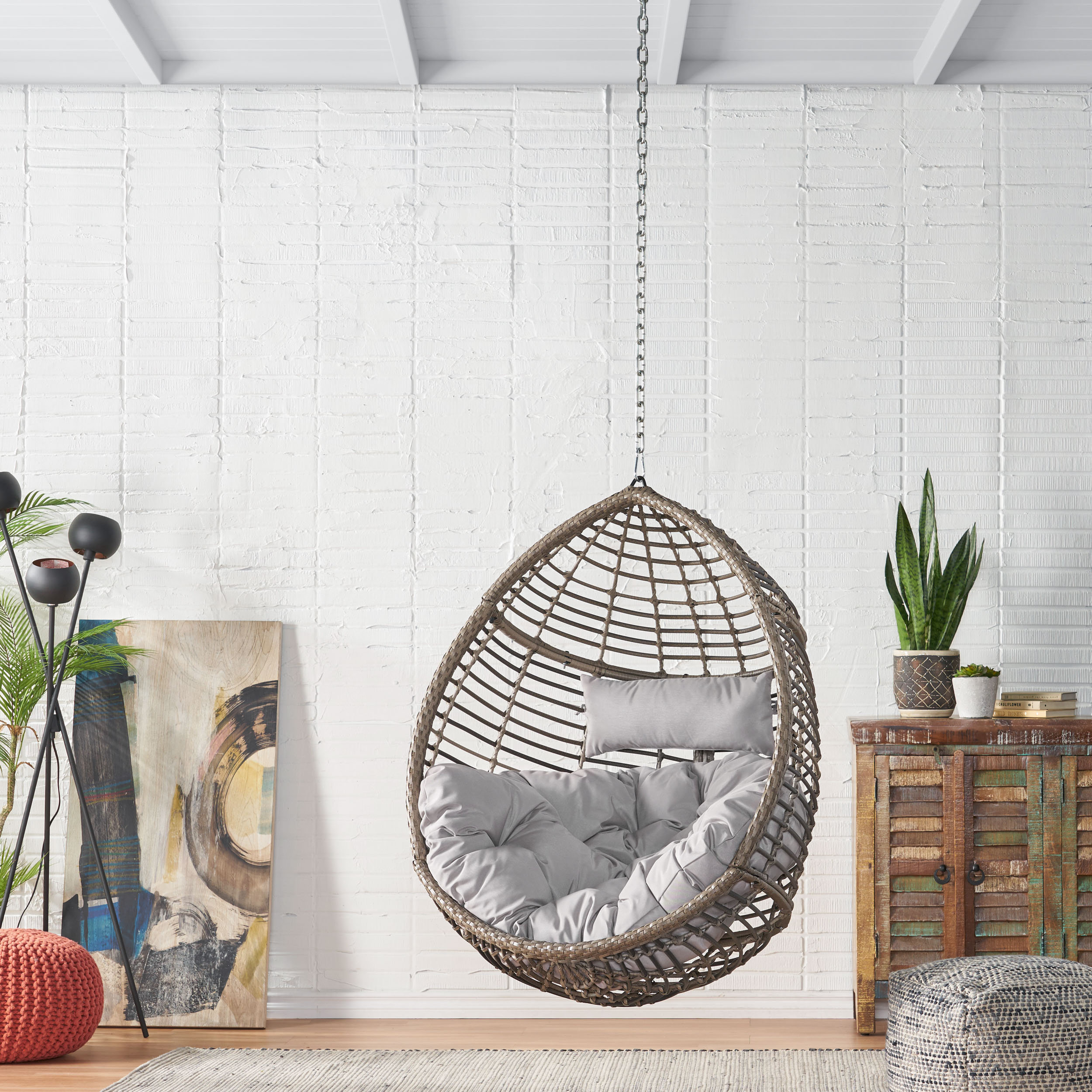 Dakota Fields Hanging Wicker Egg Chair with Plush Cushion, Headrest ...
