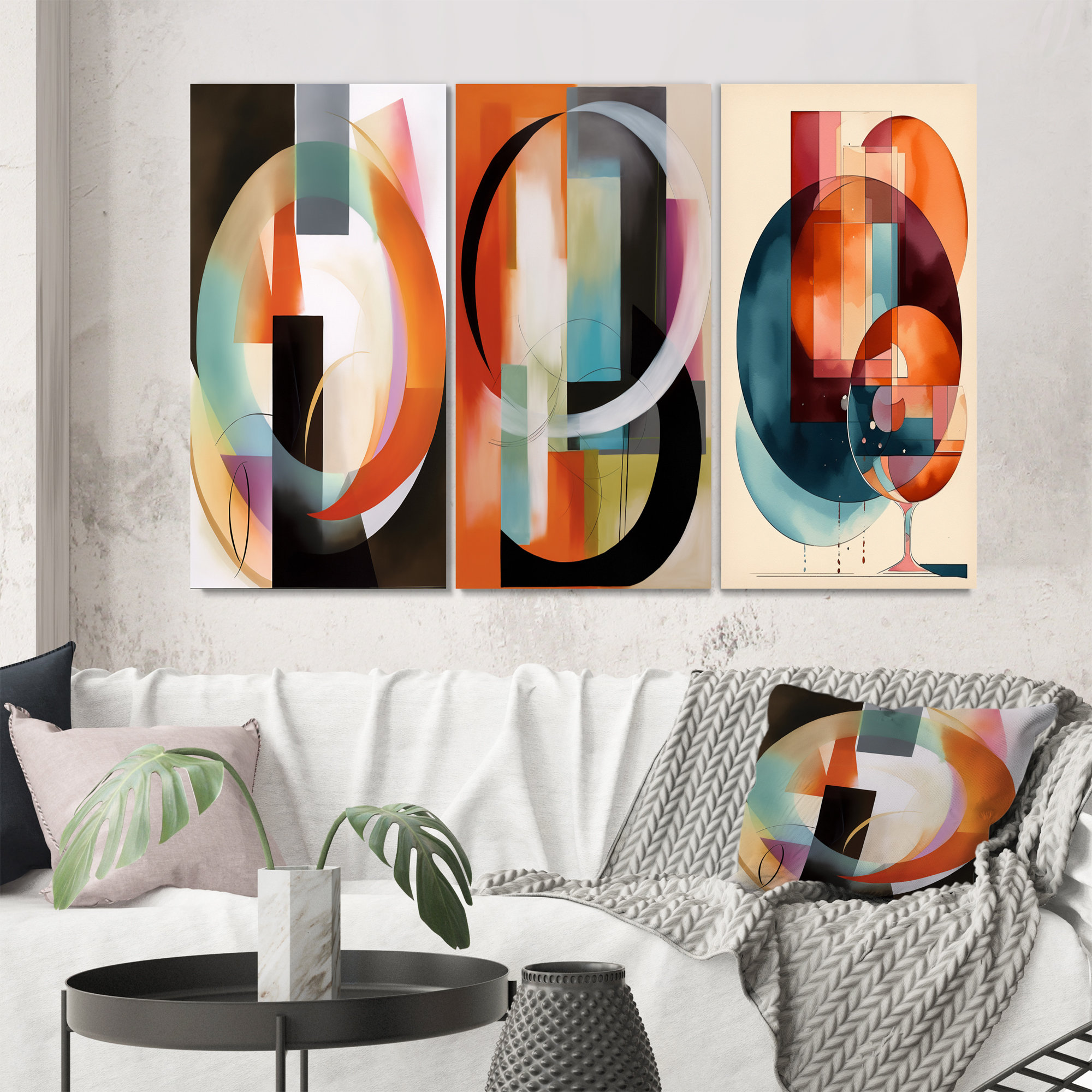 Wrought Studio™ " Orange Geometric Rhythms " 3 - Pieces on Canvas | Wayfair