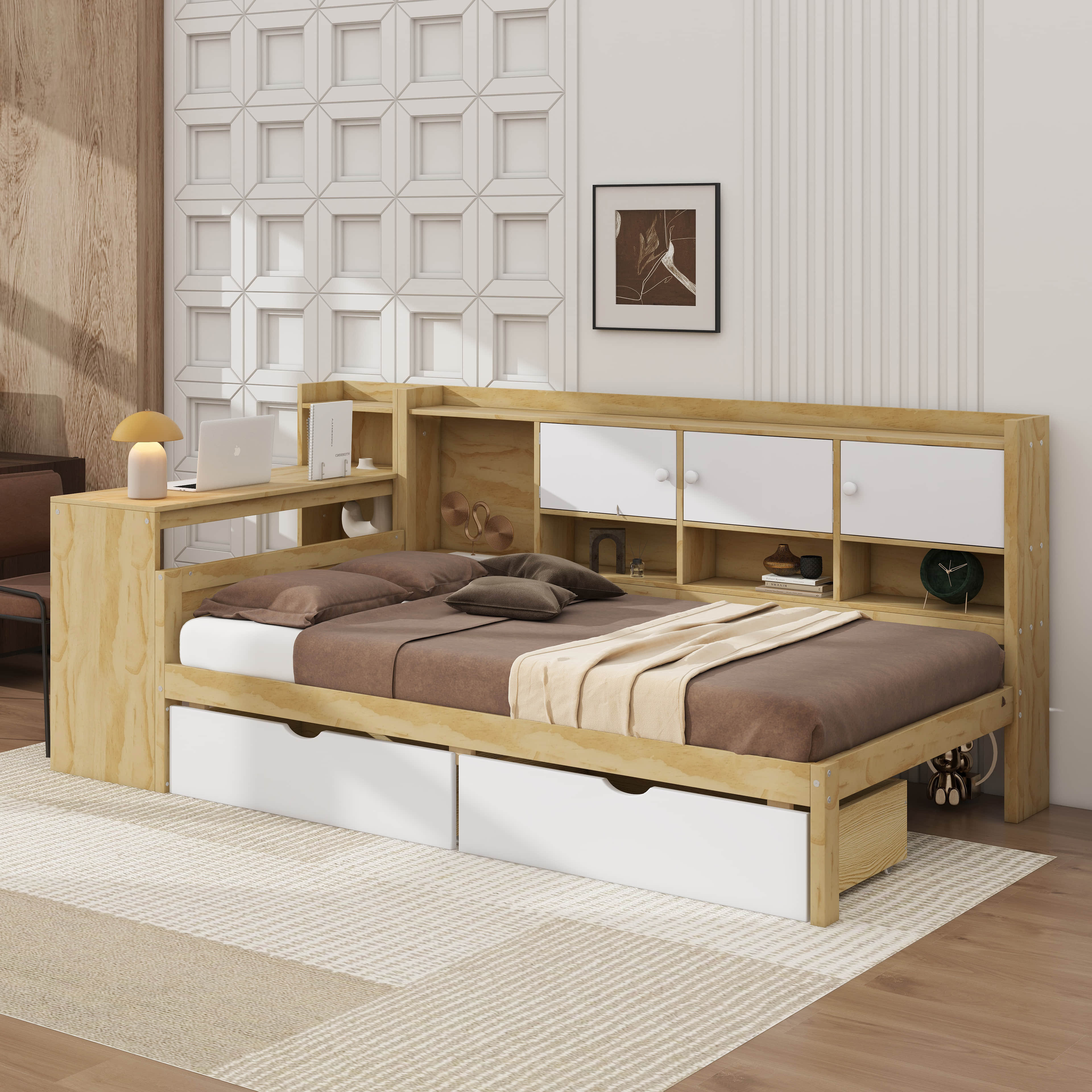 Latitude Run® Wooden L-Shaped Daybed With Seven Storage Units And Two ...