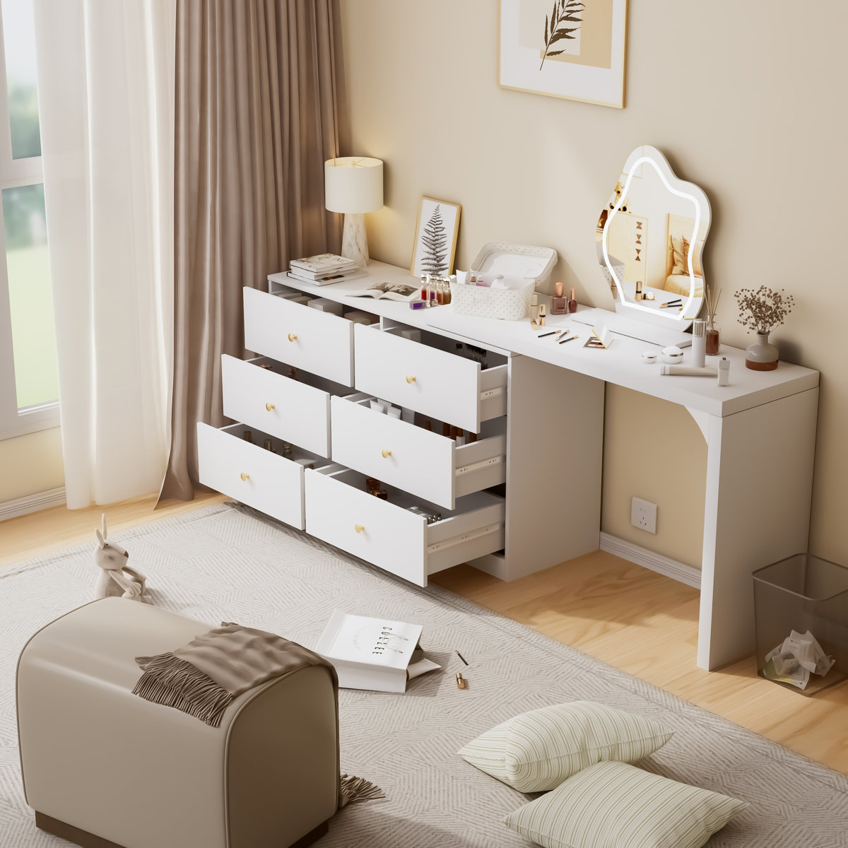 Ebern Designs Vanity Desk with Lighted Mirror, Extendable Vanity Table ...