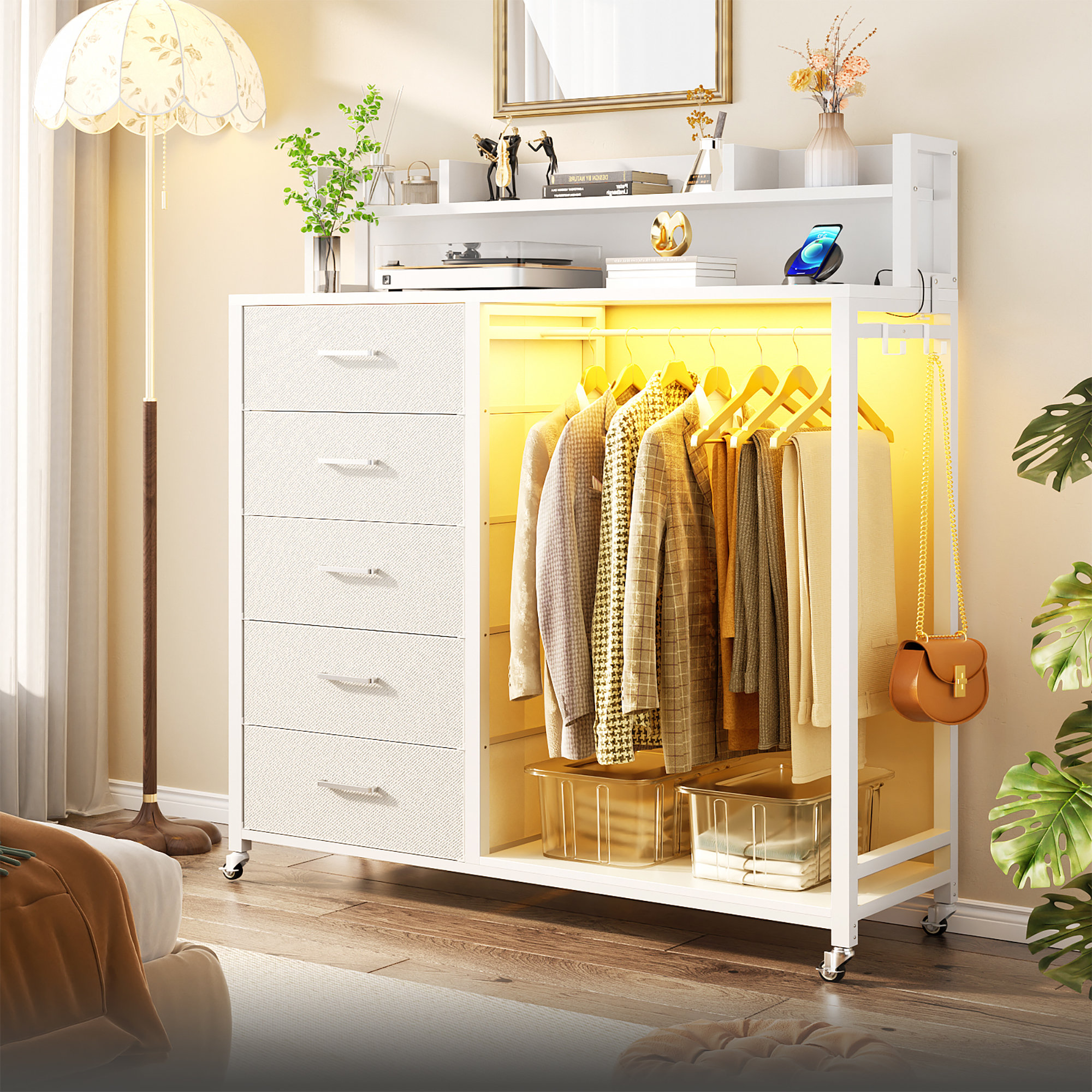 Wrought Studio™ Jeremyiah 5 Drawers Dresser With Charging Station & LED ...