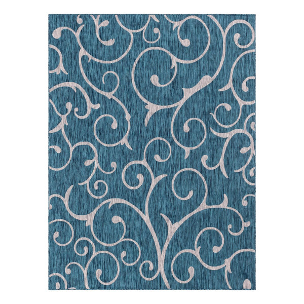 Red Barrel Studio® Teal Floral Machine Woven Polypropylene Indoor ...