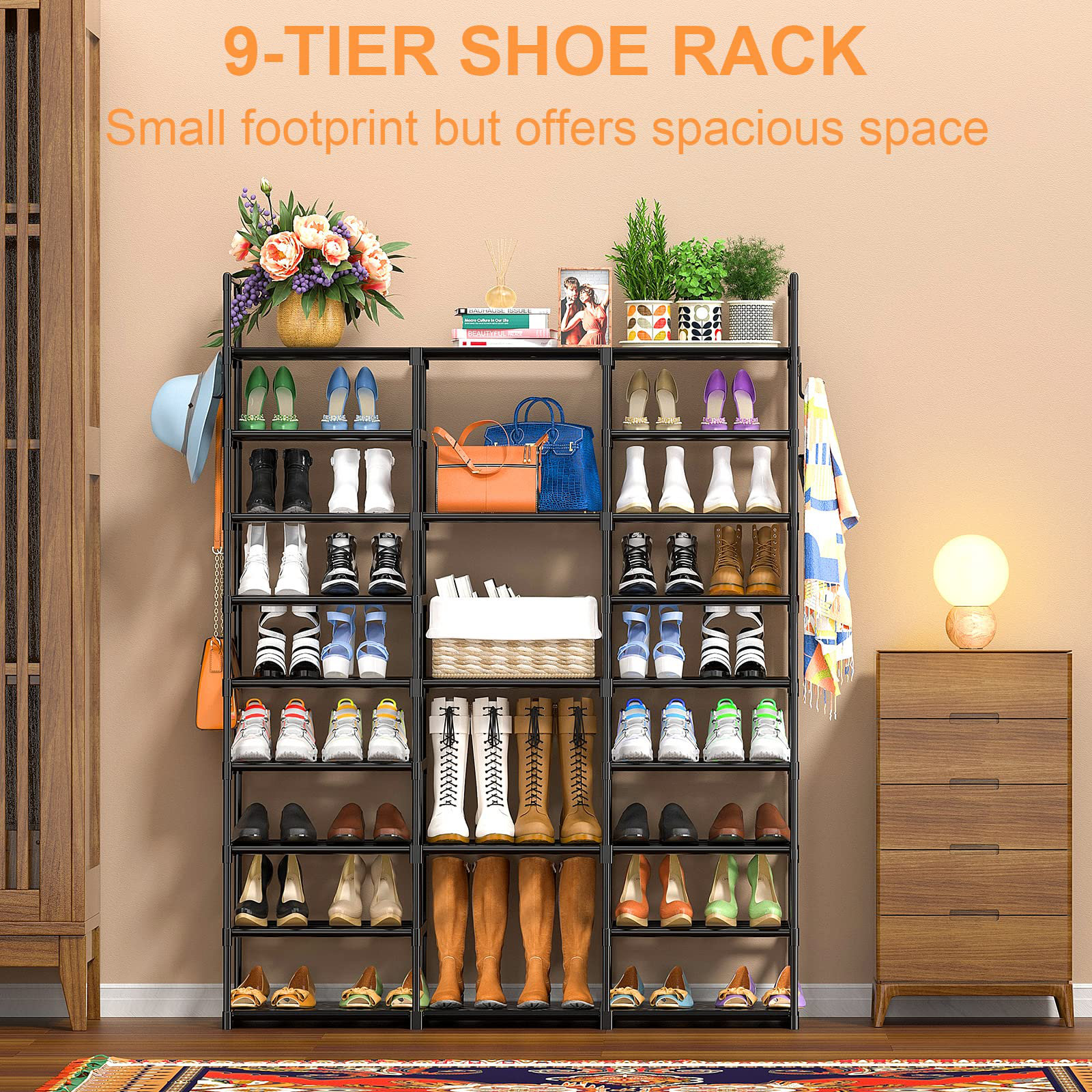 Latitude Run® 9-Tier Metal Shoe Rack Organizer For 50-55 Pairs - Space ...